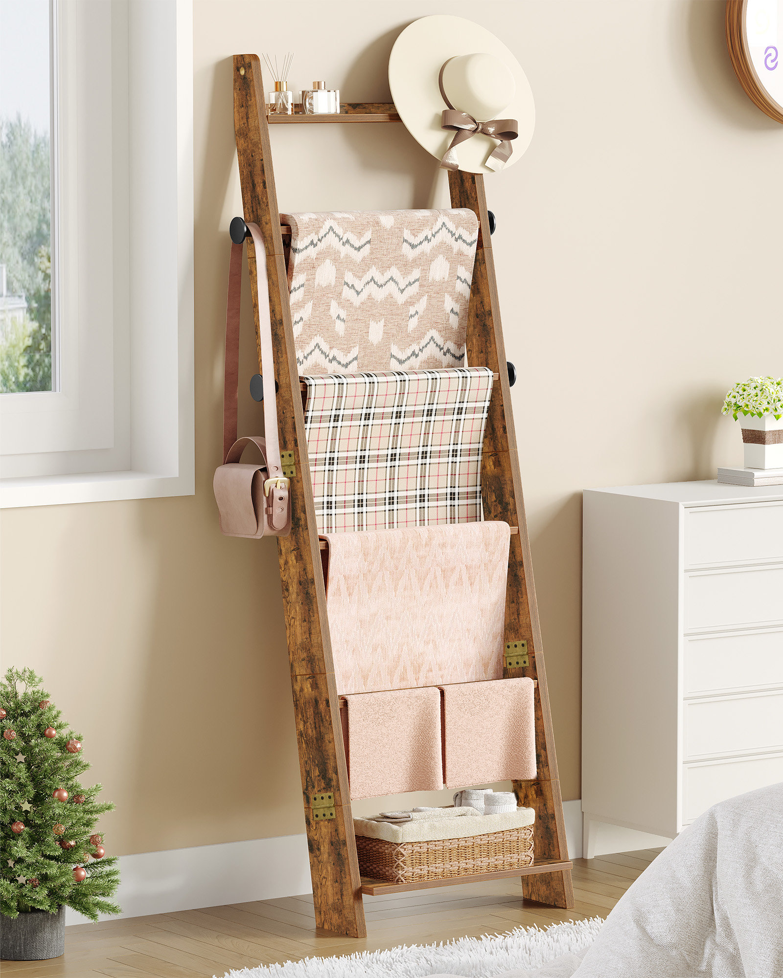 17 Stories Blanket Ladder for Living Room, 6-Tier Decorative Quilt Rack ...