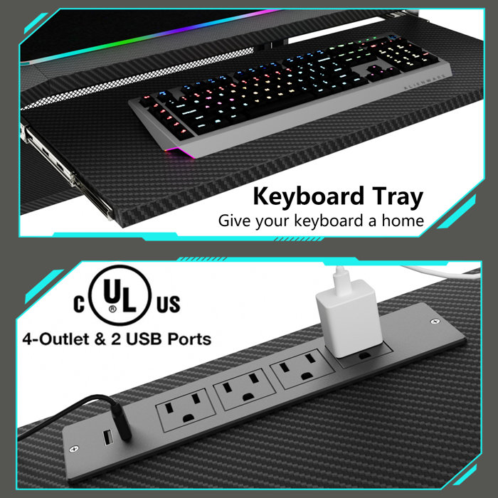 Inbox Zero Berlanga Gaming Desk with Power Outlet & Led Strip, Large ...