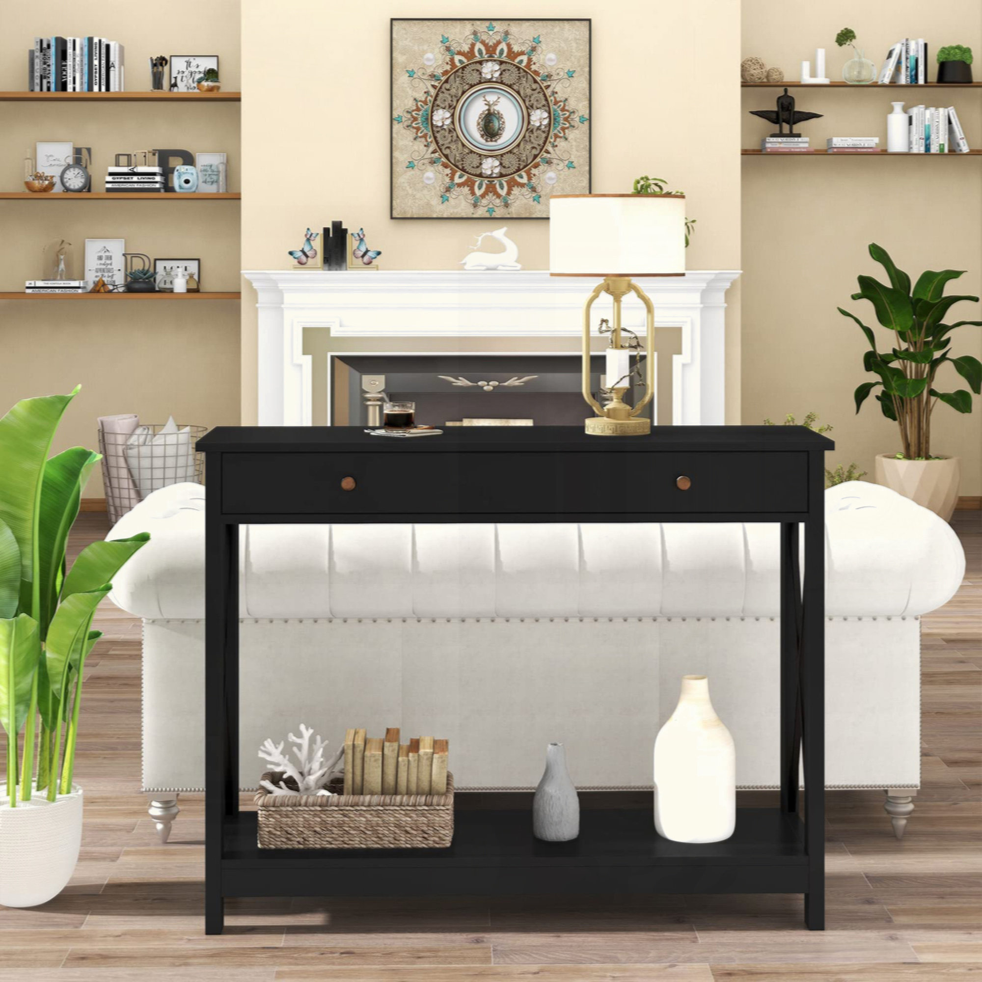 Gracie Oaks Console avec tiroir et tablettes de rangement, canapé d ...