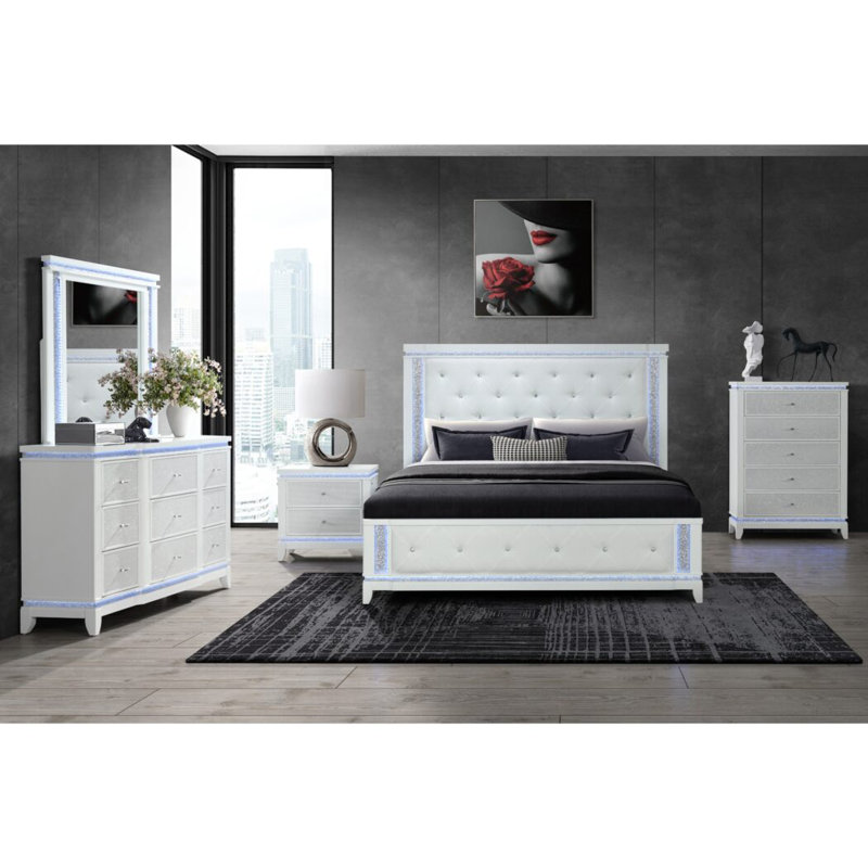 Everly Quinn Alina White King Bed With Led | Wayfair