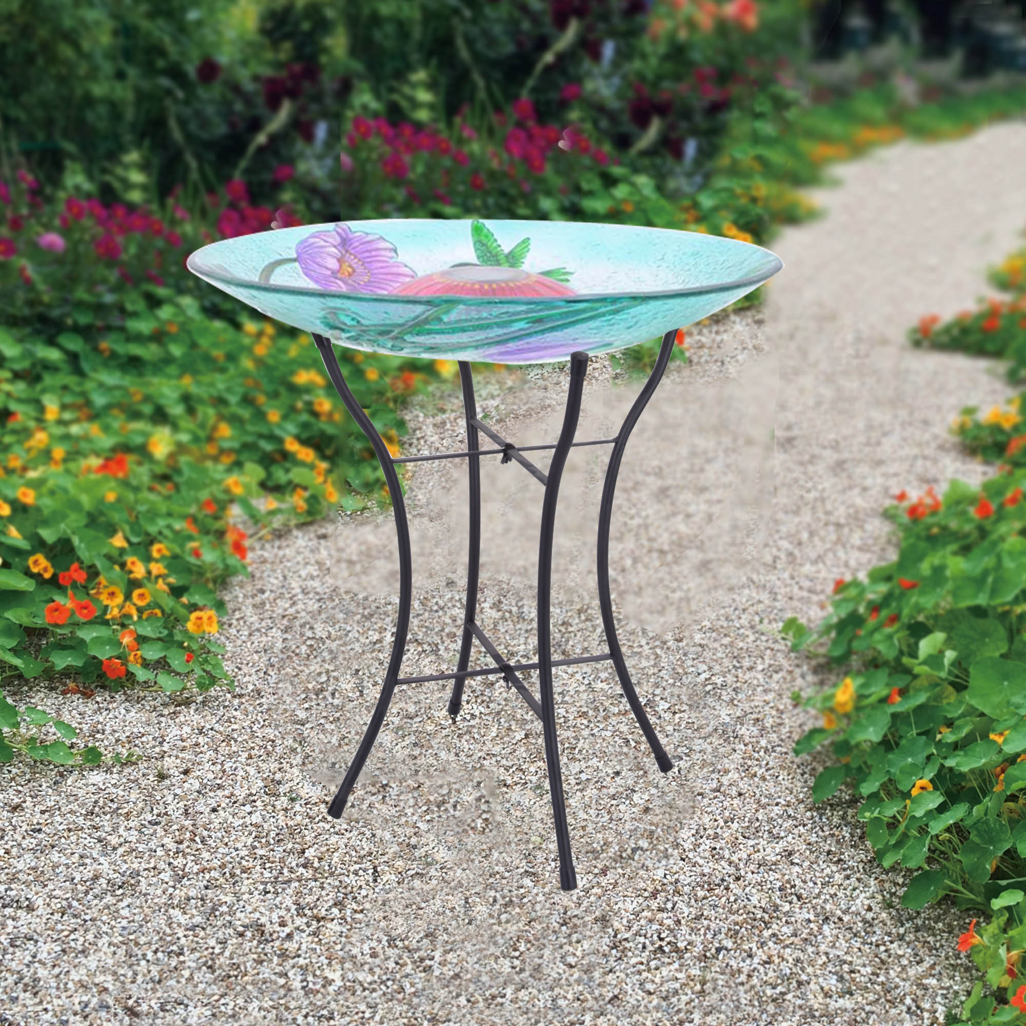 August Grove® Philus Outdoor Solar Glass Hummingbird Birdbath with LED ...