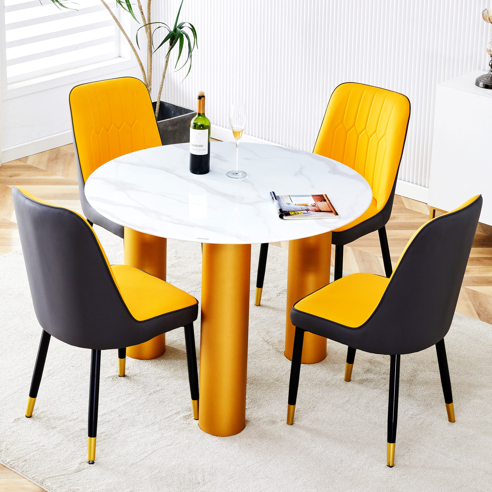 Mercer41 Round Dining Table, artificial marble glass stickers, golden ...