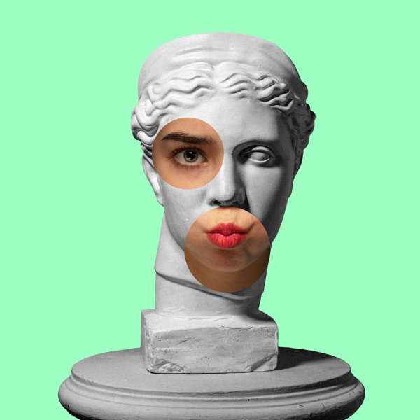 Happy Larry Collage With Plaster Head Model And Female Portrait. Modern ...