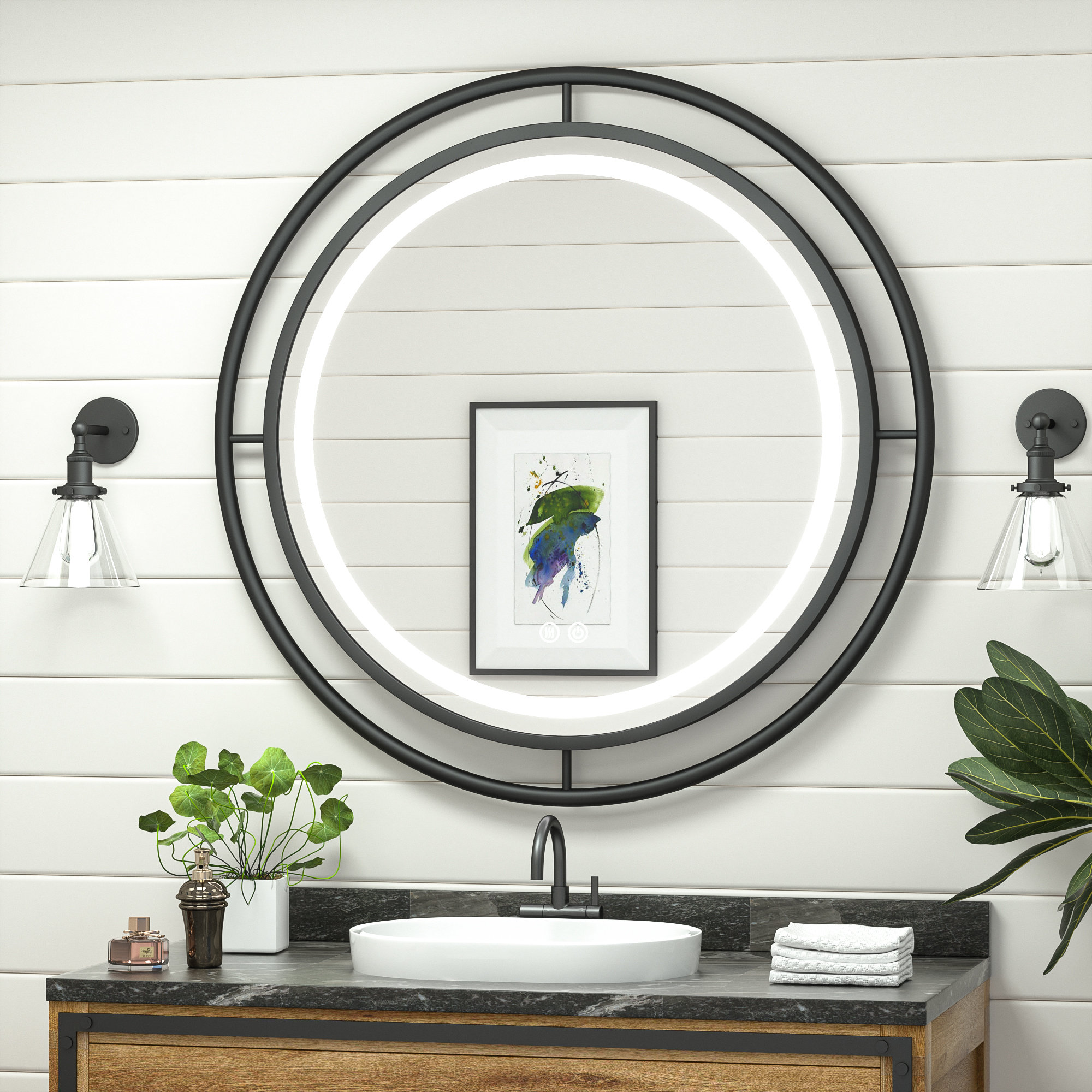 Latitude Run® Markia Round Framed Lighted Mirror with 3-Color ...