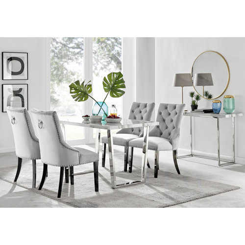Canora Grey Kylooe Modern Marble Effect And Silver Dining Table Set ...