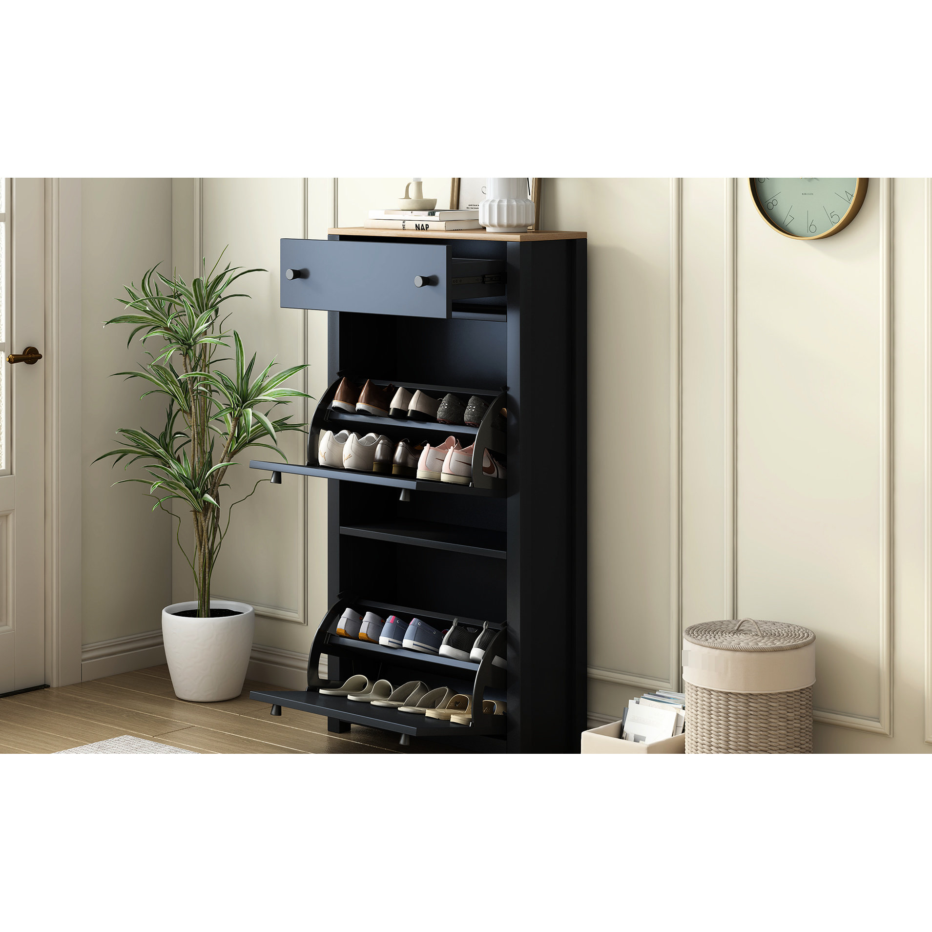 Ebern Designs Elegant Freestanding Shoe Cabinet With Wood Grain Top And ...