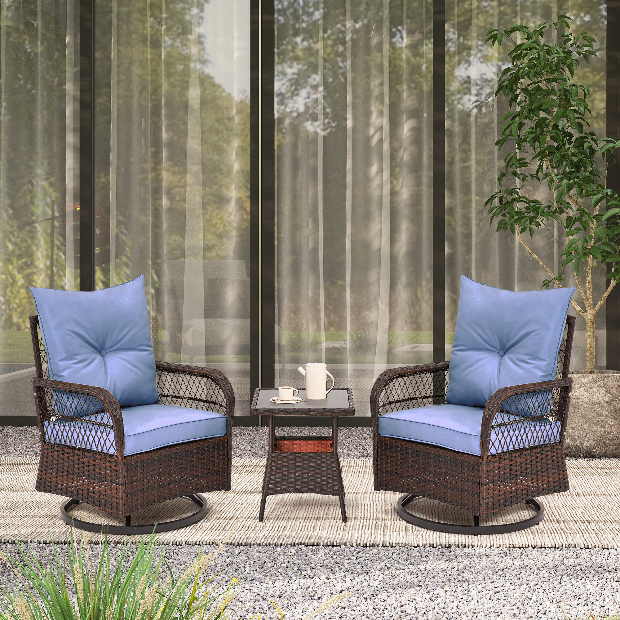 EROMMY 3 Pieces Patio Swivel Rocker Rattan Chairs, Outdoor Swivel ...