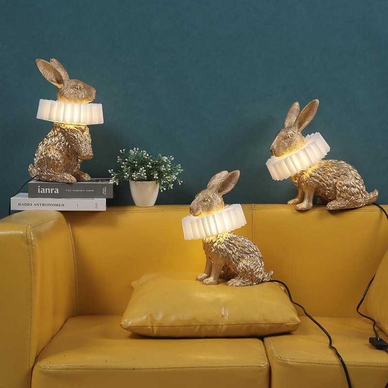 Trinx Gold Resin Rabbit Table Lamp With White Pleated PC Shade And USB ...