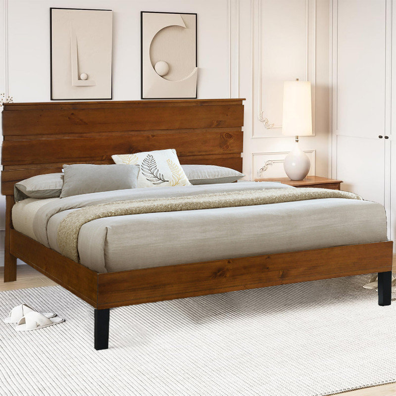 Millwood Pines Doristene Mid-Century Modern Solid Wood Bed Frame, Brown Pine Platform Bed, 3 ...