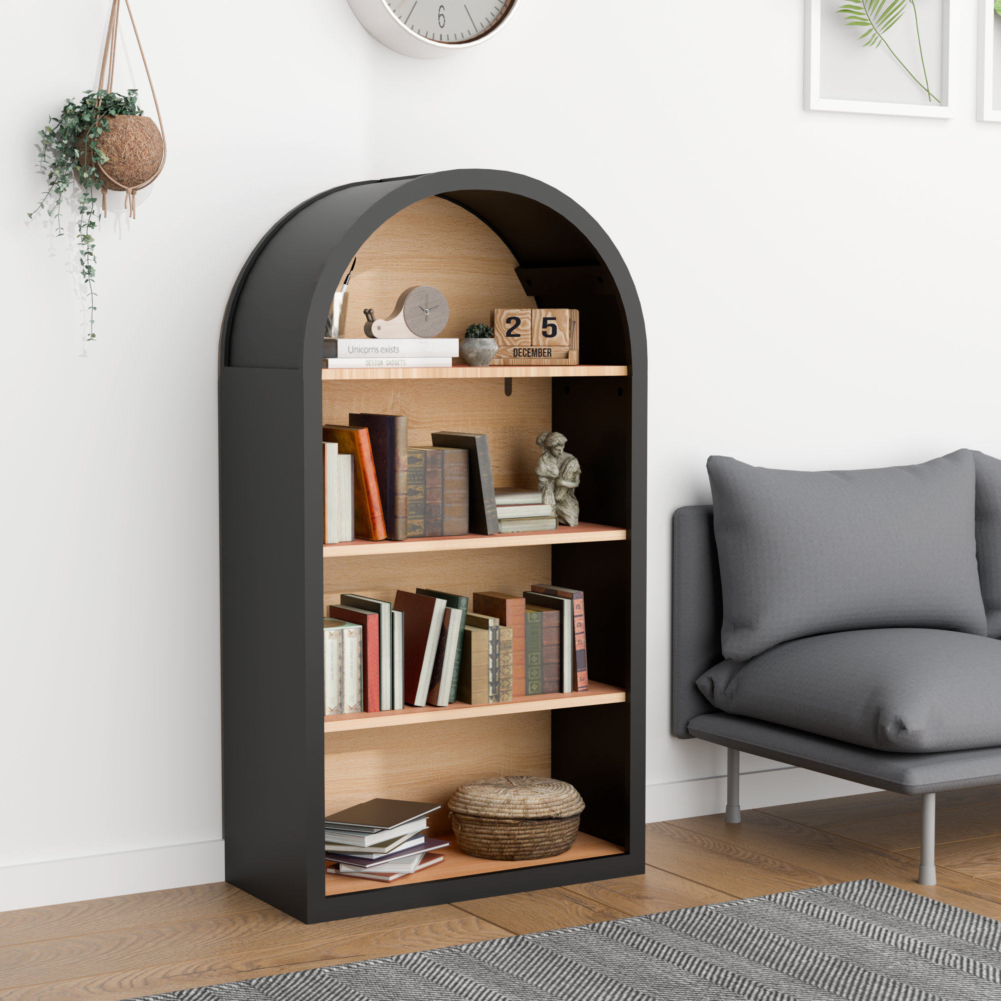 Latitude Run® Modern Arched Bookshelf – 4-tier Black Storage Shelving ...