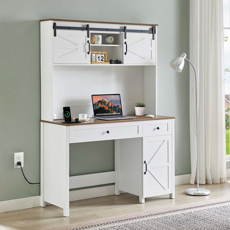 Gracie Oaks 47" Farmhouse Computer Desk With Hutch And Drawers And ...