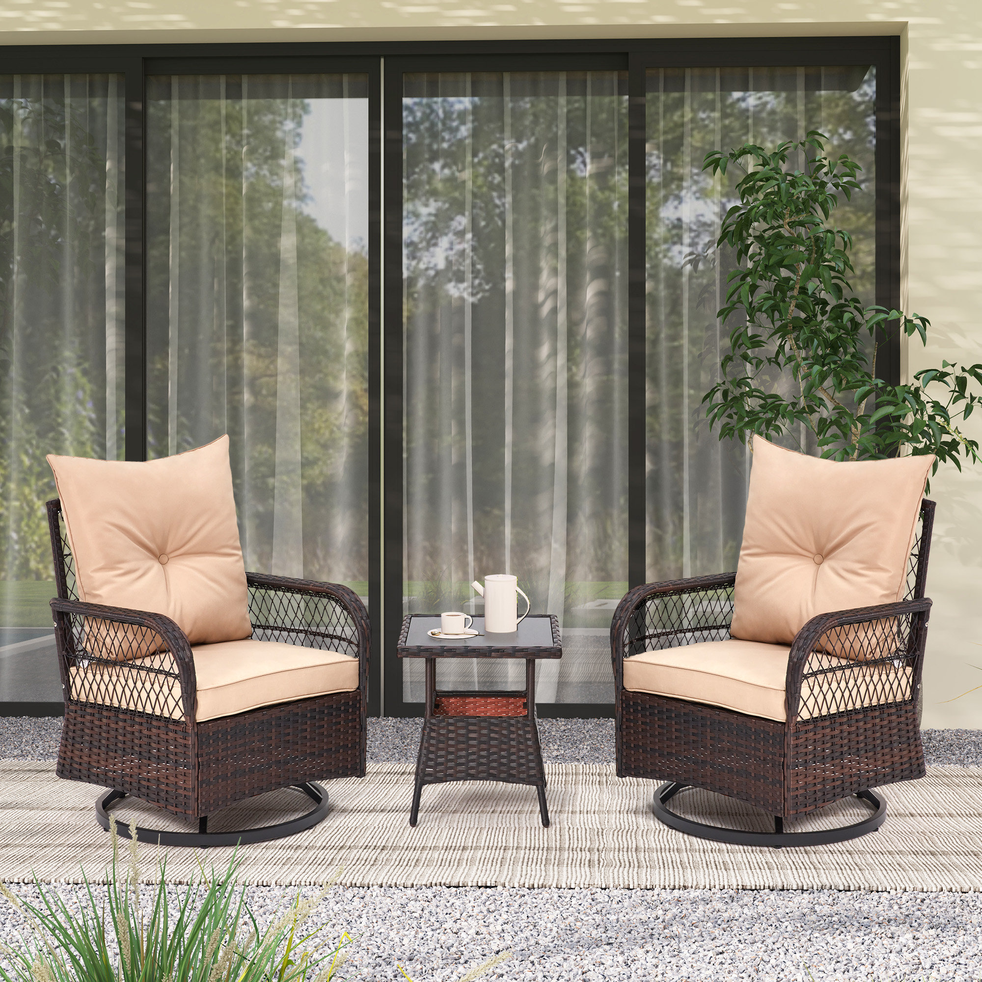 EROMMY 3 Pieces Patio Swivel Rocker Rattan Chairs, Outdoor Swivel ...