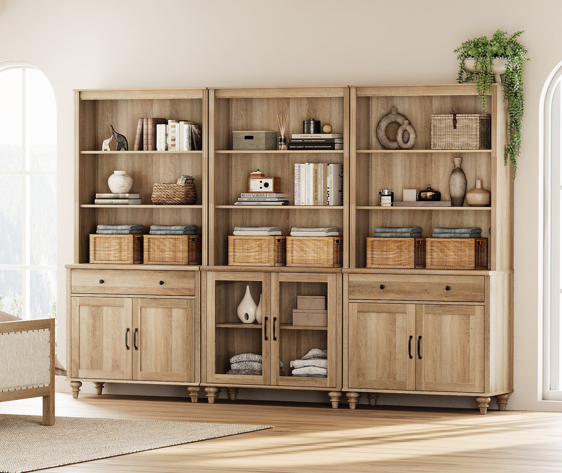Canora Grey Oak Bookcase With 2 Drawers And 3 Cabinets, Tall Book Case ...