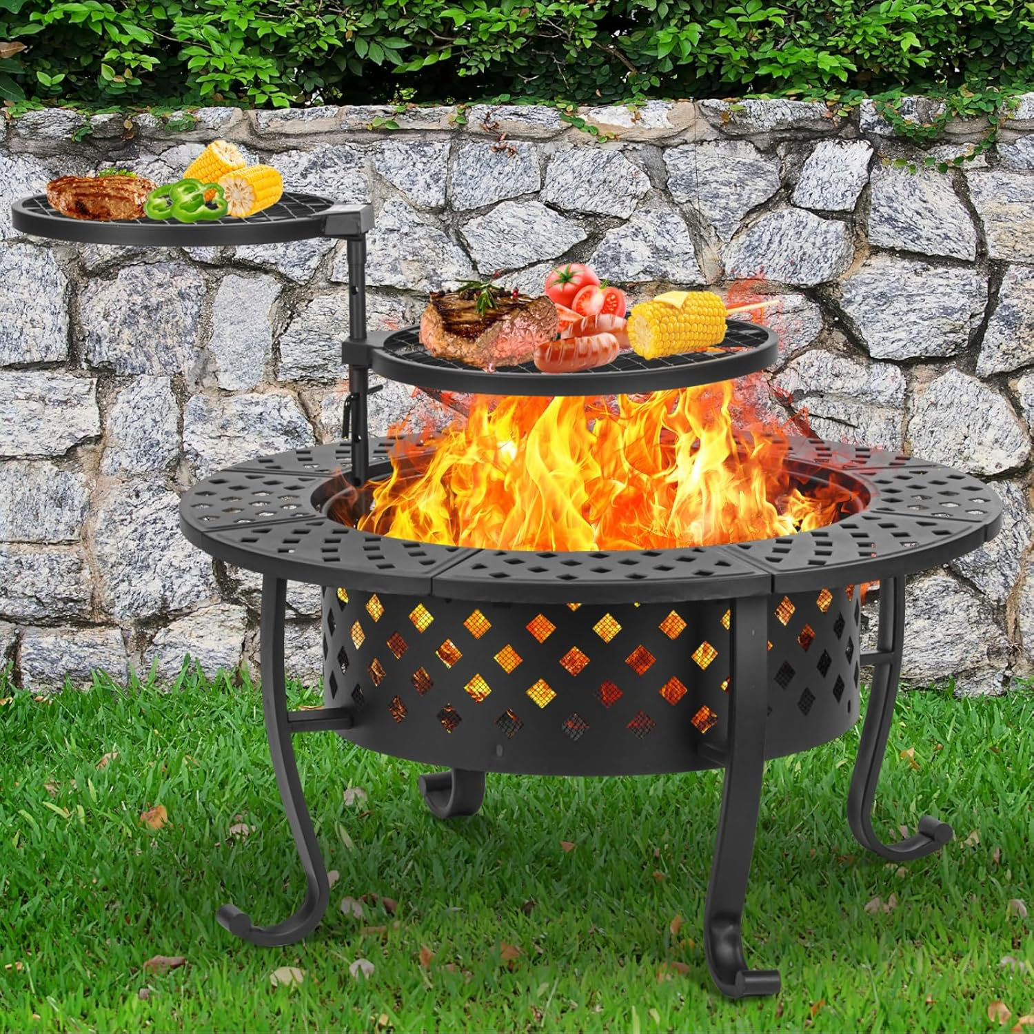 Lark Manor 36 Inch Fire Pit with 2 BBQ Grills, Wood Burning Fire Pits ...