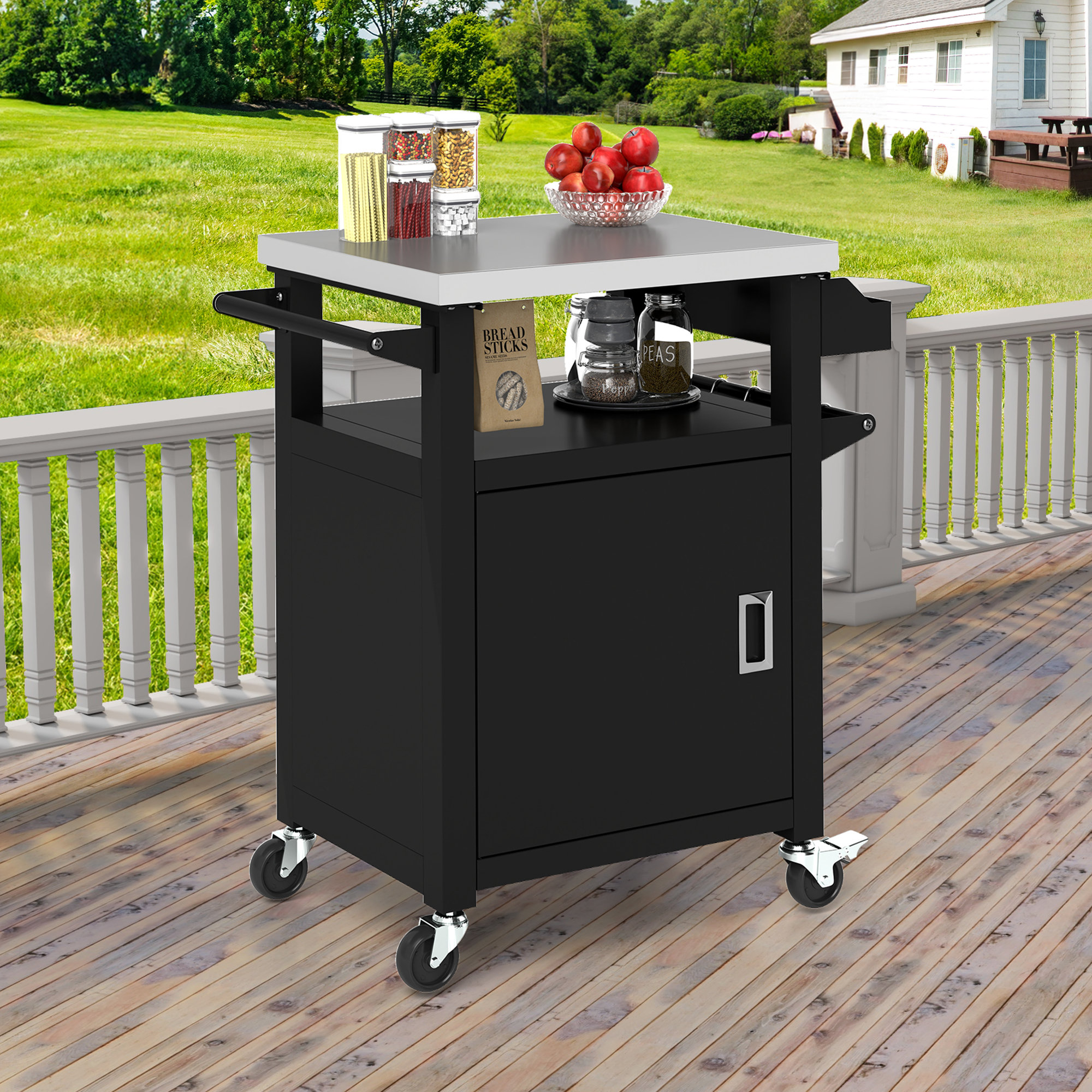 Arlmont & Co. Outdoor Kitchen Rolling Bar Cart With Stainless Steel Top ...