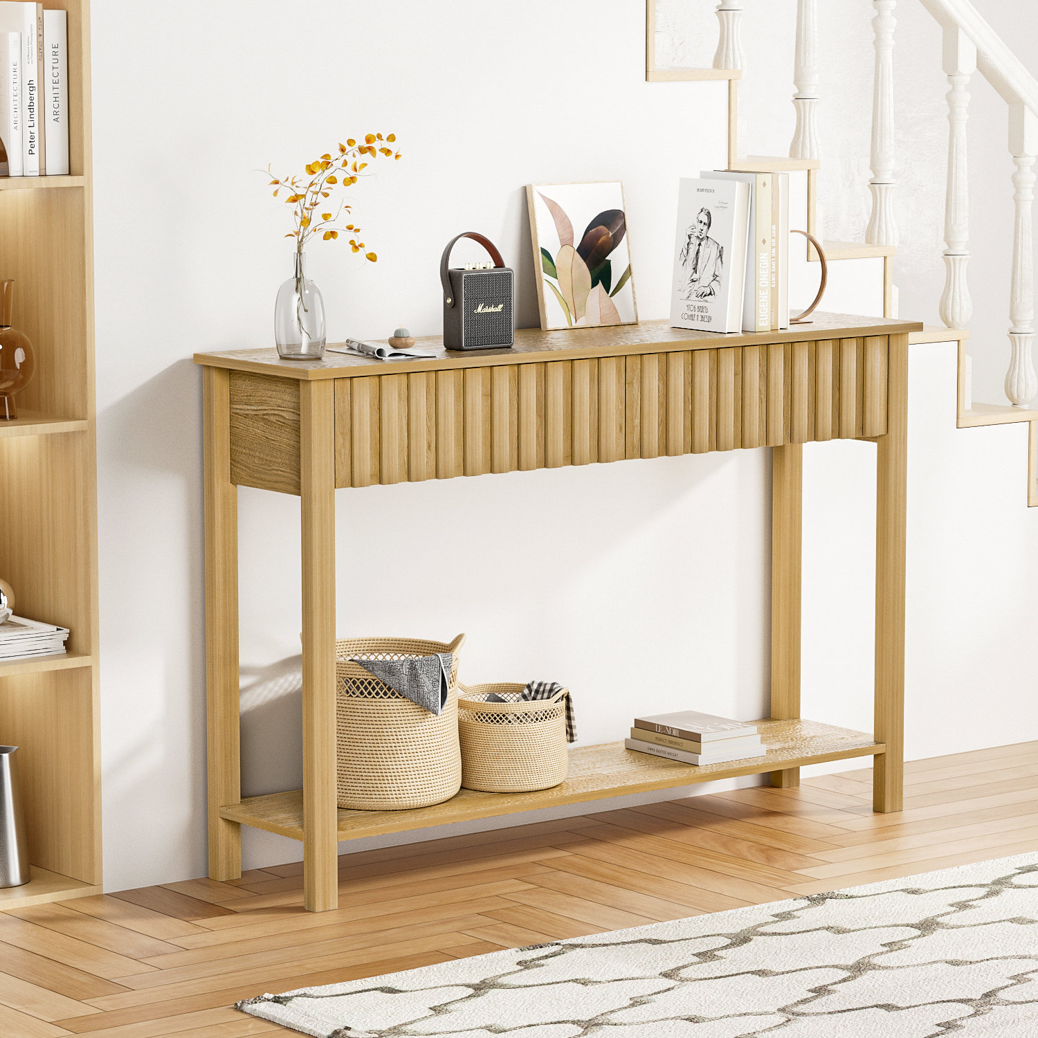 Ebern Designs 47” Console Table With 2 Drawers, Narrow Sofa Table With Open Storage Shelf For ...