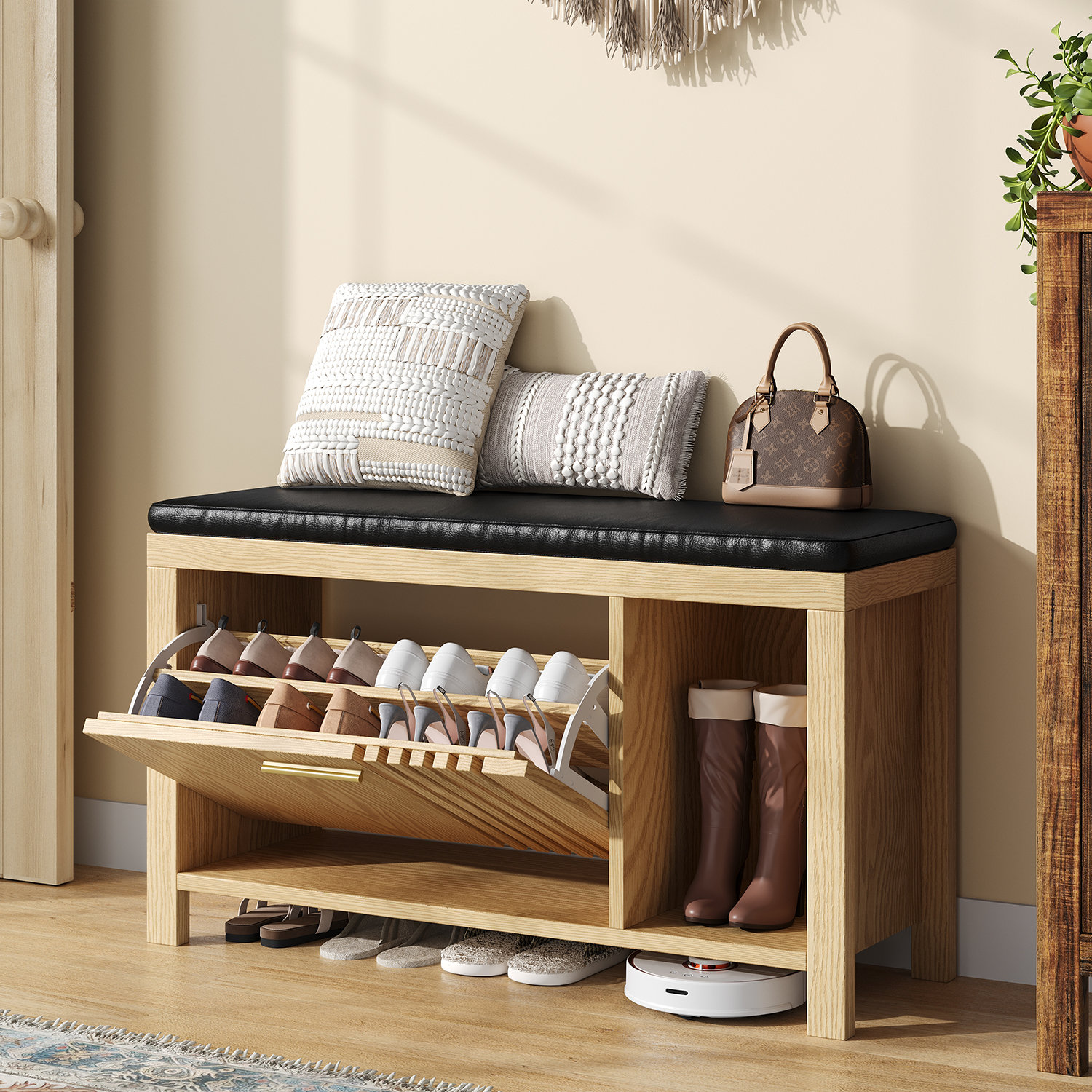 George Oliver 40" Shoe Storage Bench With Flip Drawers & Padded Seat ...