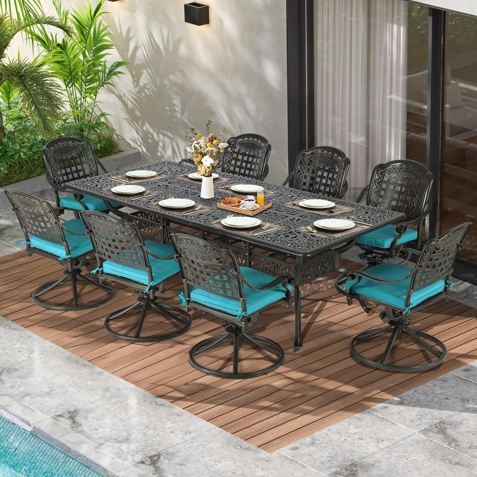 Meetwarm 9 Piece Outdoor Patio Dining Set All Weather Cast Aluminum Patio Funiture Table and Chairs Set 94.5 Rectangular Table and 8 Cushioned