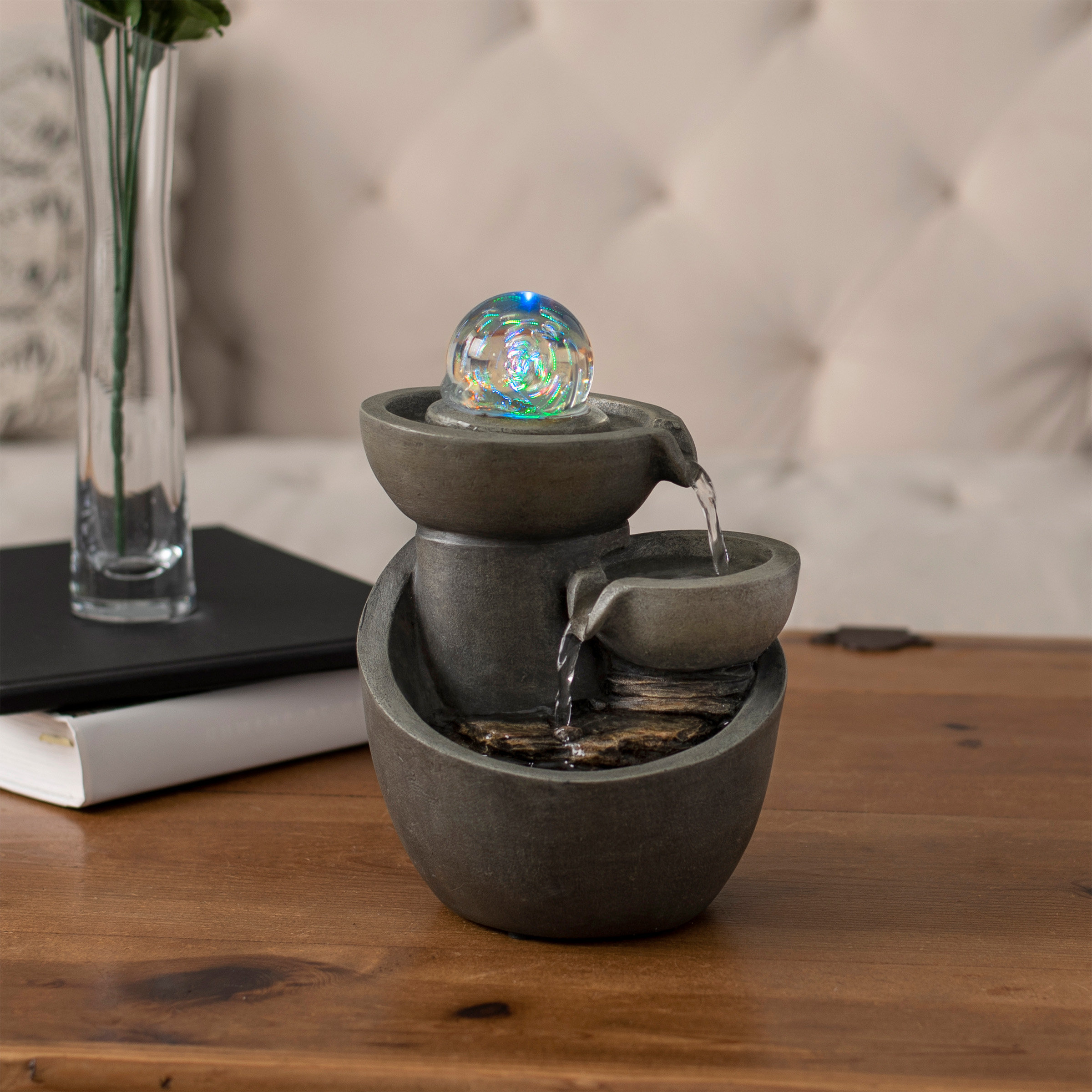 Pure Garden Polystone Glass Ball Waterfall Tabletop Fountain with Light ...
