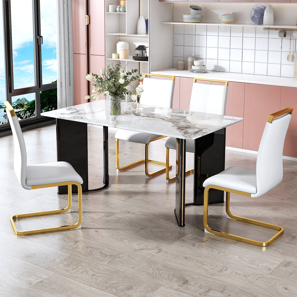 Ivy Bronx Table And Chair Set. 1 Table And 4 White PU Backrest Cushions ...