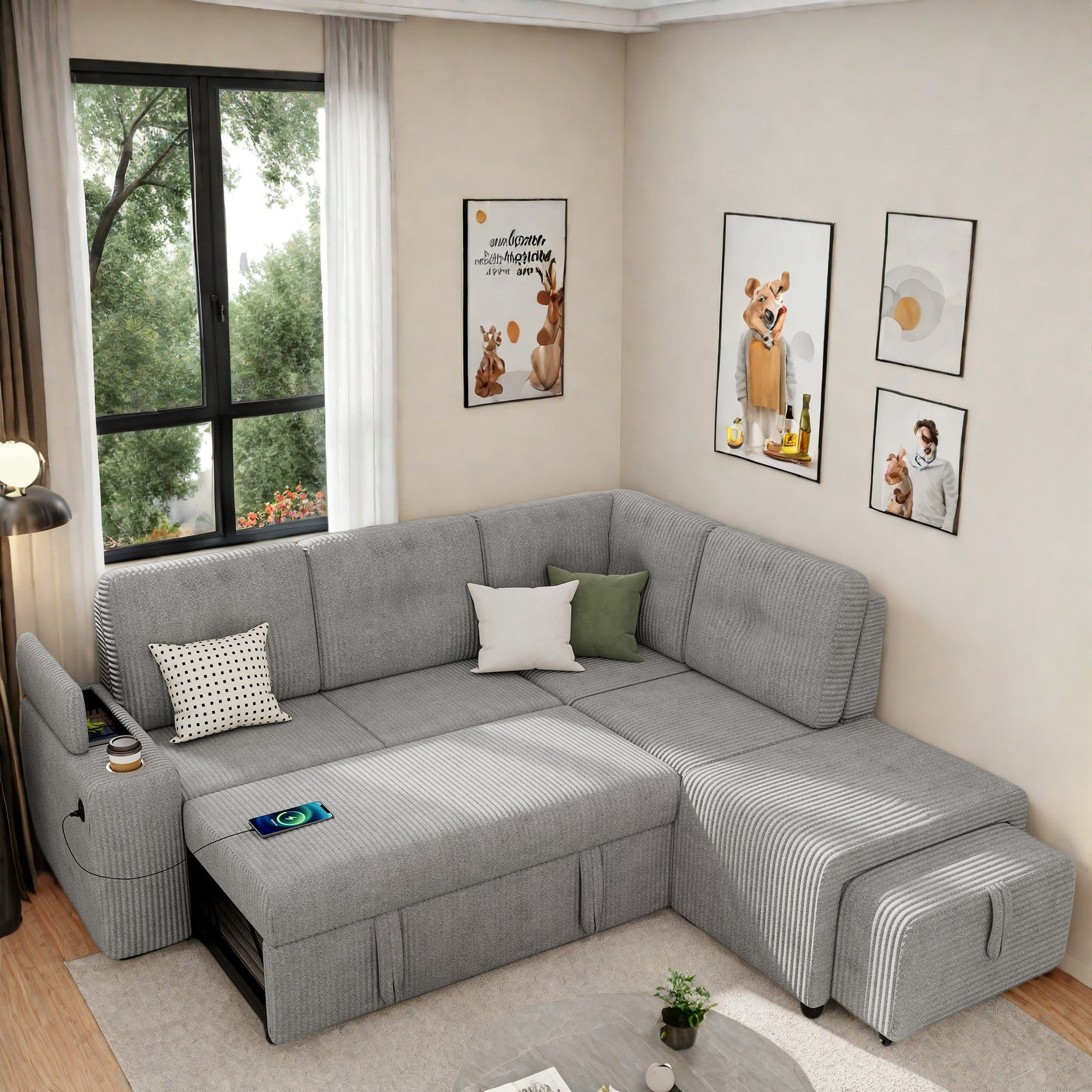 Latitude Run® L-shaped Sectional Pull-out Sofa Bed With Movable Ottoman ...