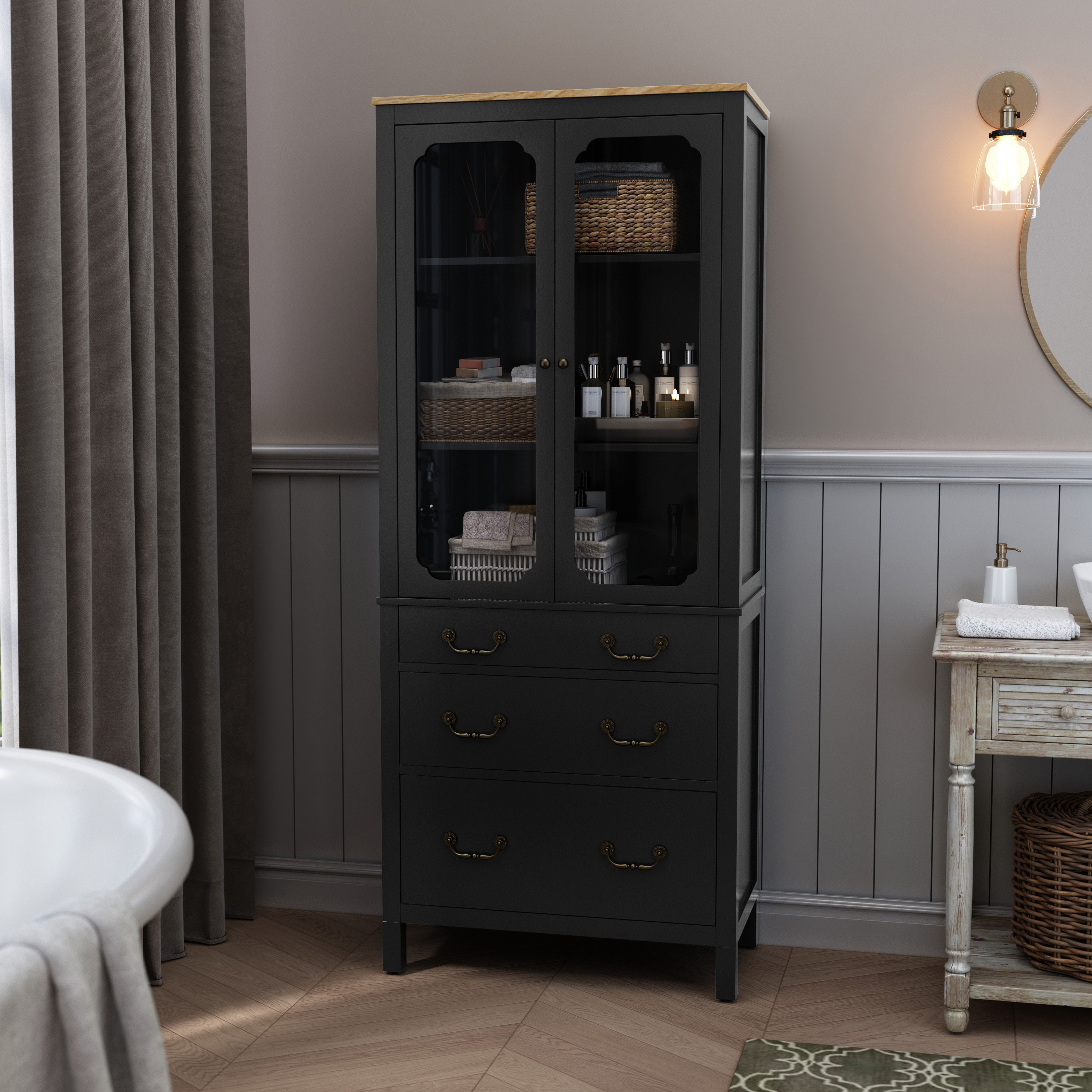 Red Barrel Studio Thirl 72" Kitchen Pantry with Glass Doors and Drawers ...