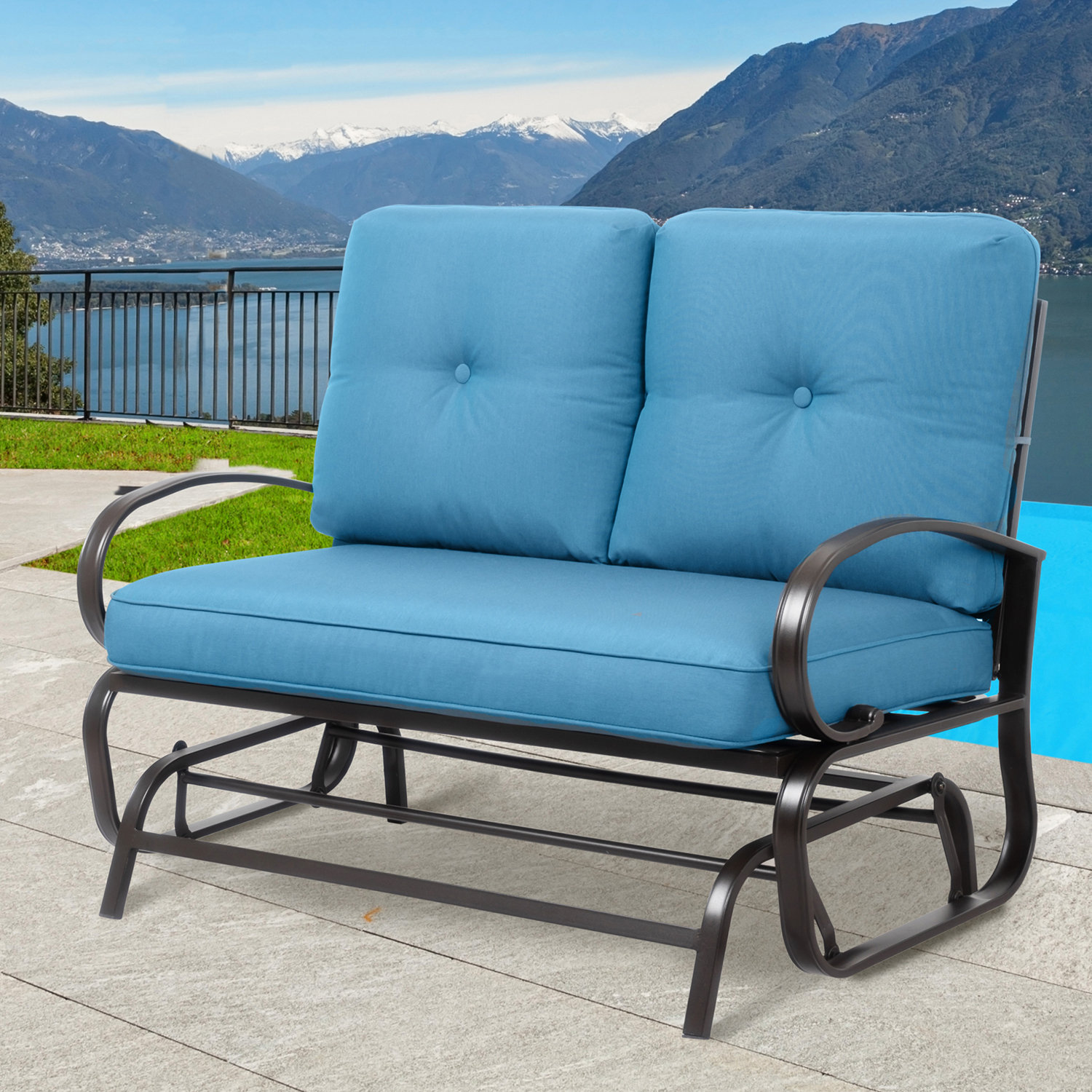 Latitude Run® Outdoor Adelphia Gliding Metal Bench with Cushions ...
