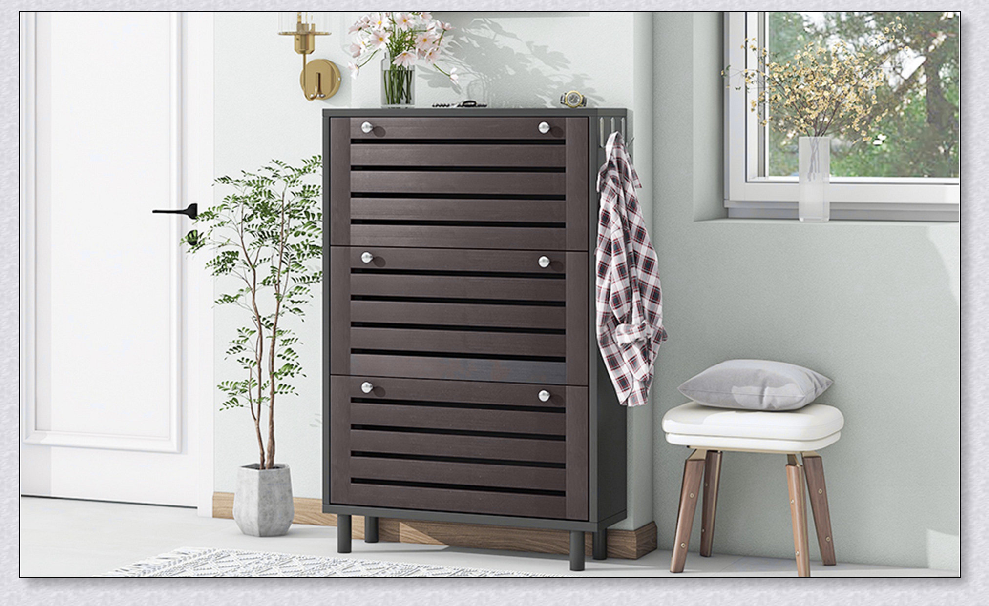 Latitude Run® Shoe Cabinet with Hanging Hooks, Slits Design Panels ...