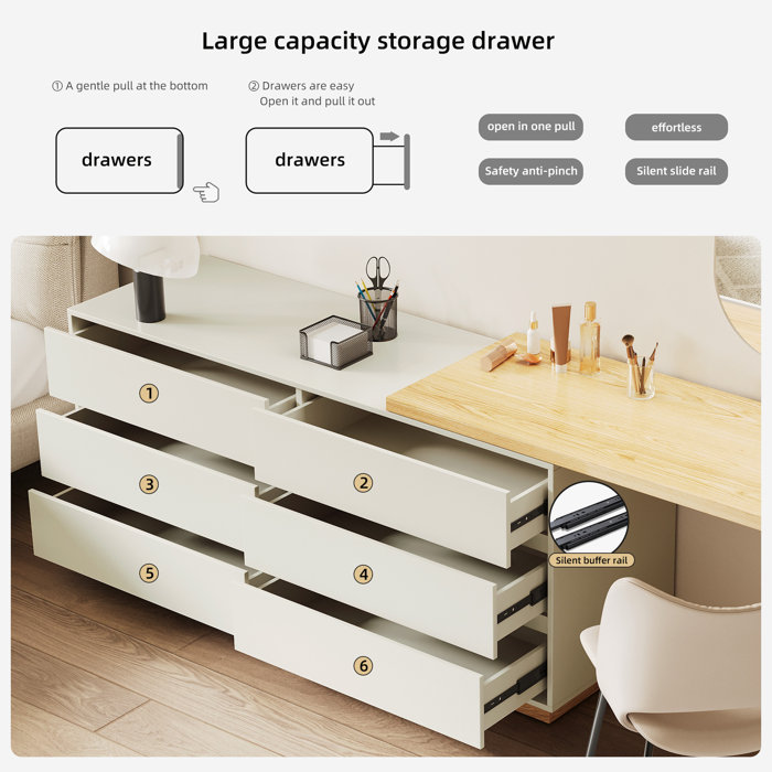 Latitude Run® Berek Vanity Extendable Vanity Table with 6 Drawers ...