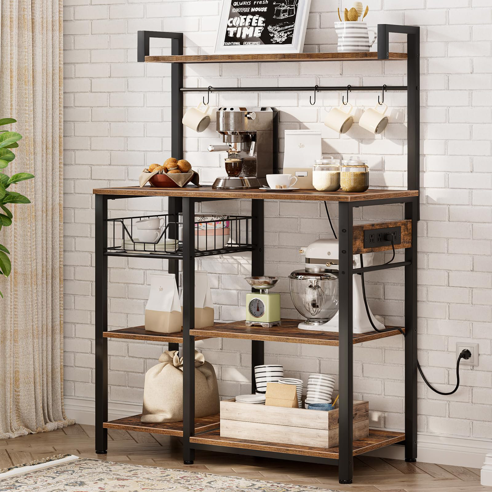 17 Stories Bread Rack With Power Outlet, 35.4 Inch, With Mesh Basket ...