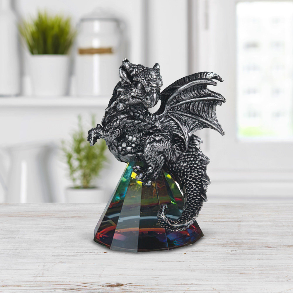 Trinx 3.5"H Silver Dragon Standing on Pyramid Glass Figurine | Wayfair