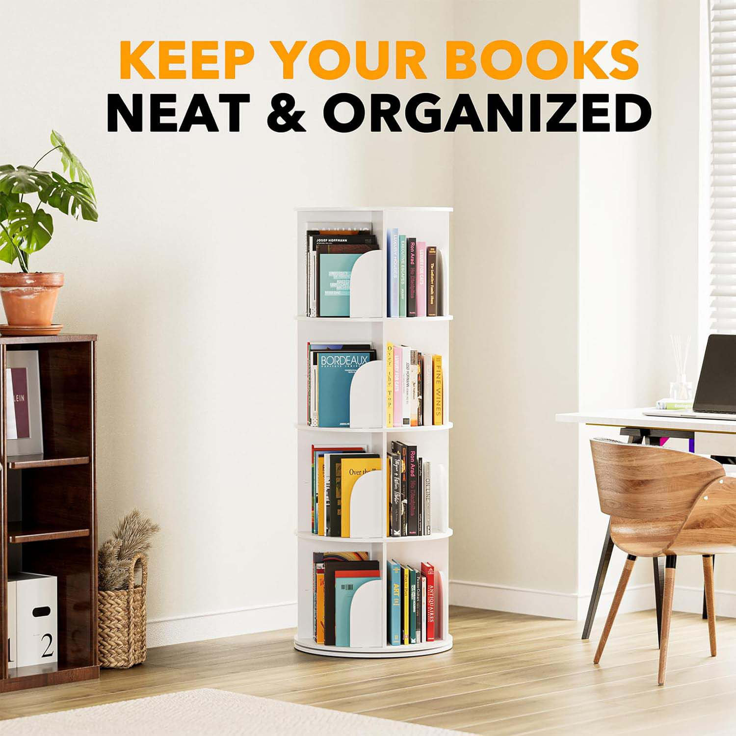 Ebern Designs 4 Tier Rotating Bookshelf Tower, Spinning Bookcase Lazy ...