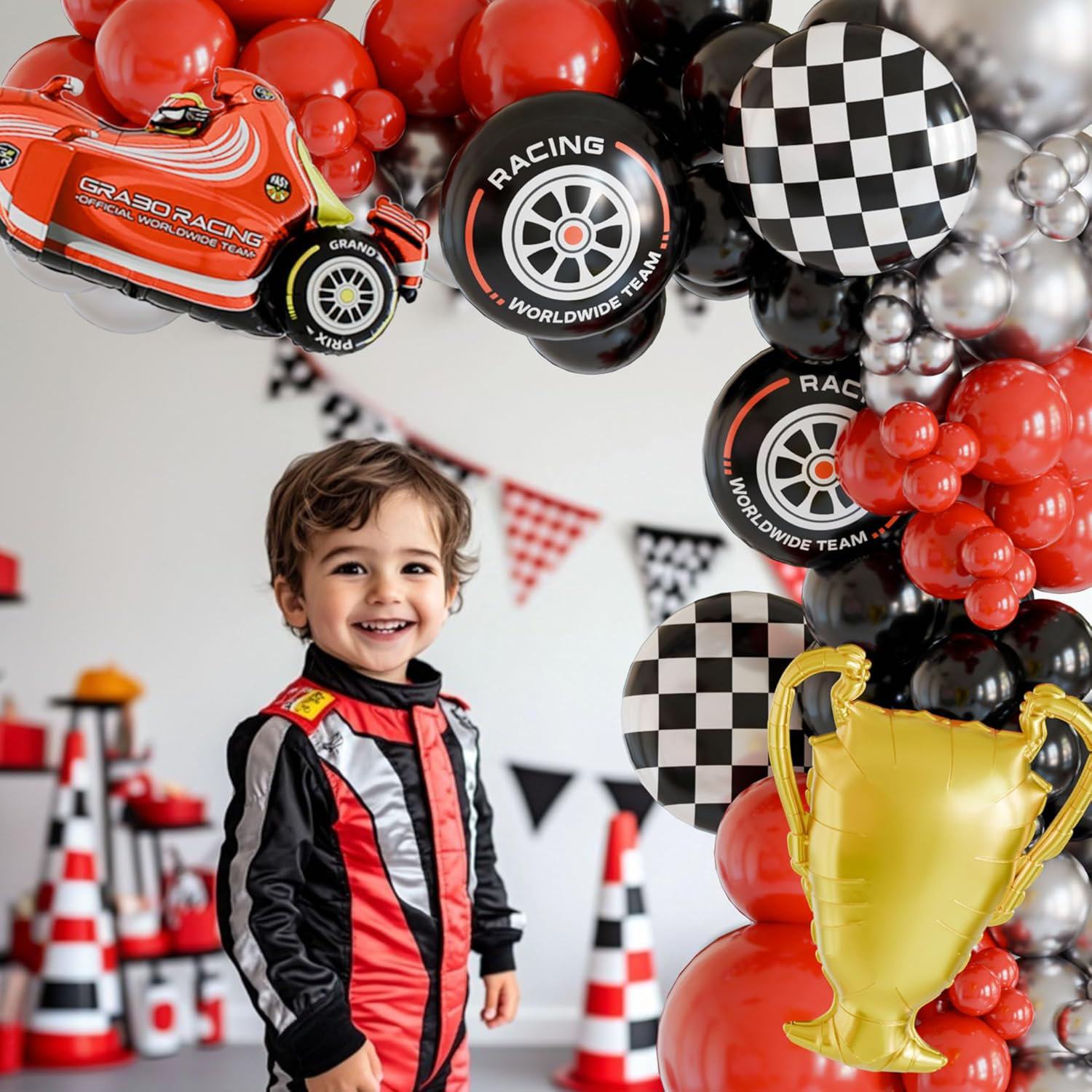 Jan Interiors Race Car Balloon Arch Kit Tow Fast Decor Red Black Silver ...