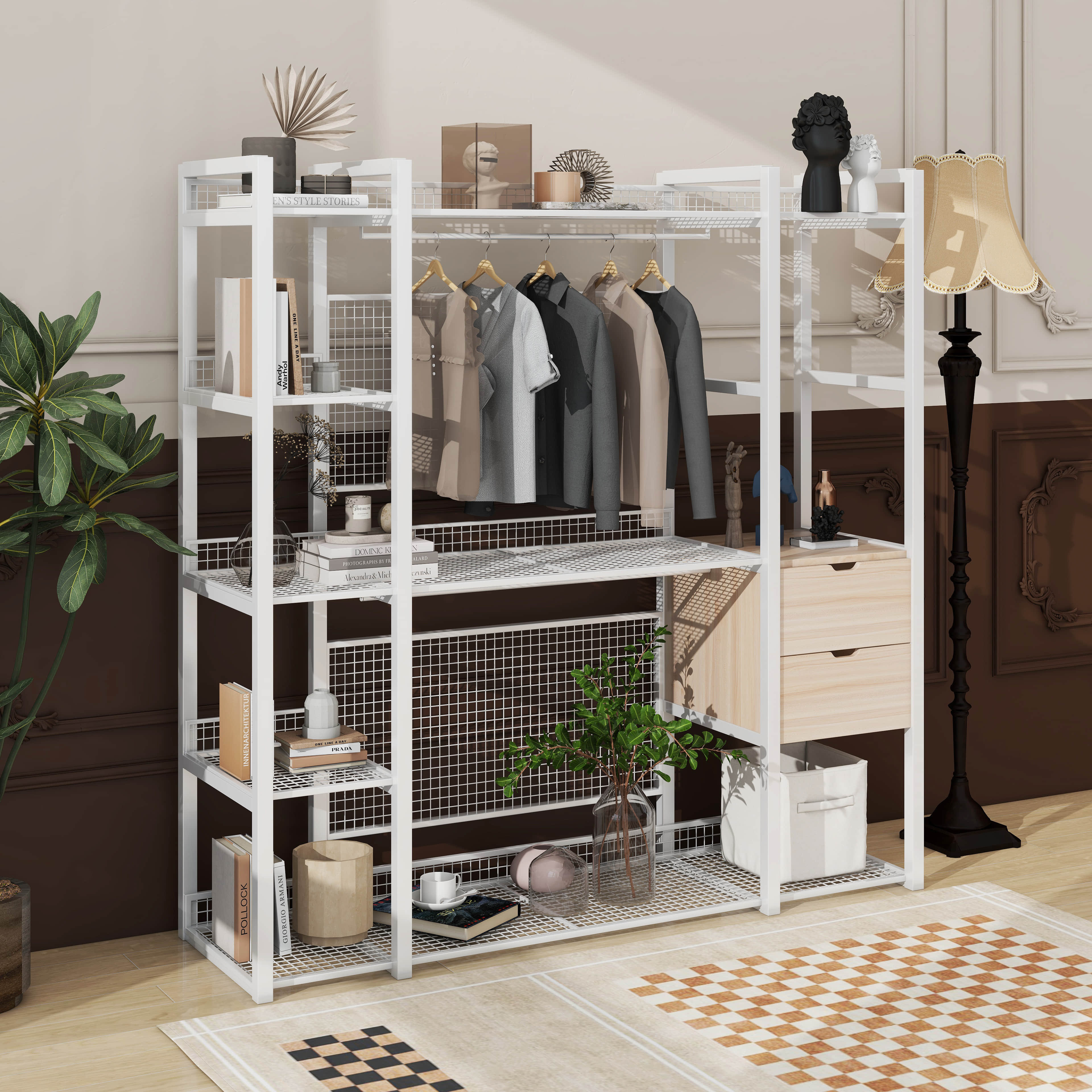 Harriet Bee Open-Style Wardrobe With Hanging Rails, Shelves And Drawers ...