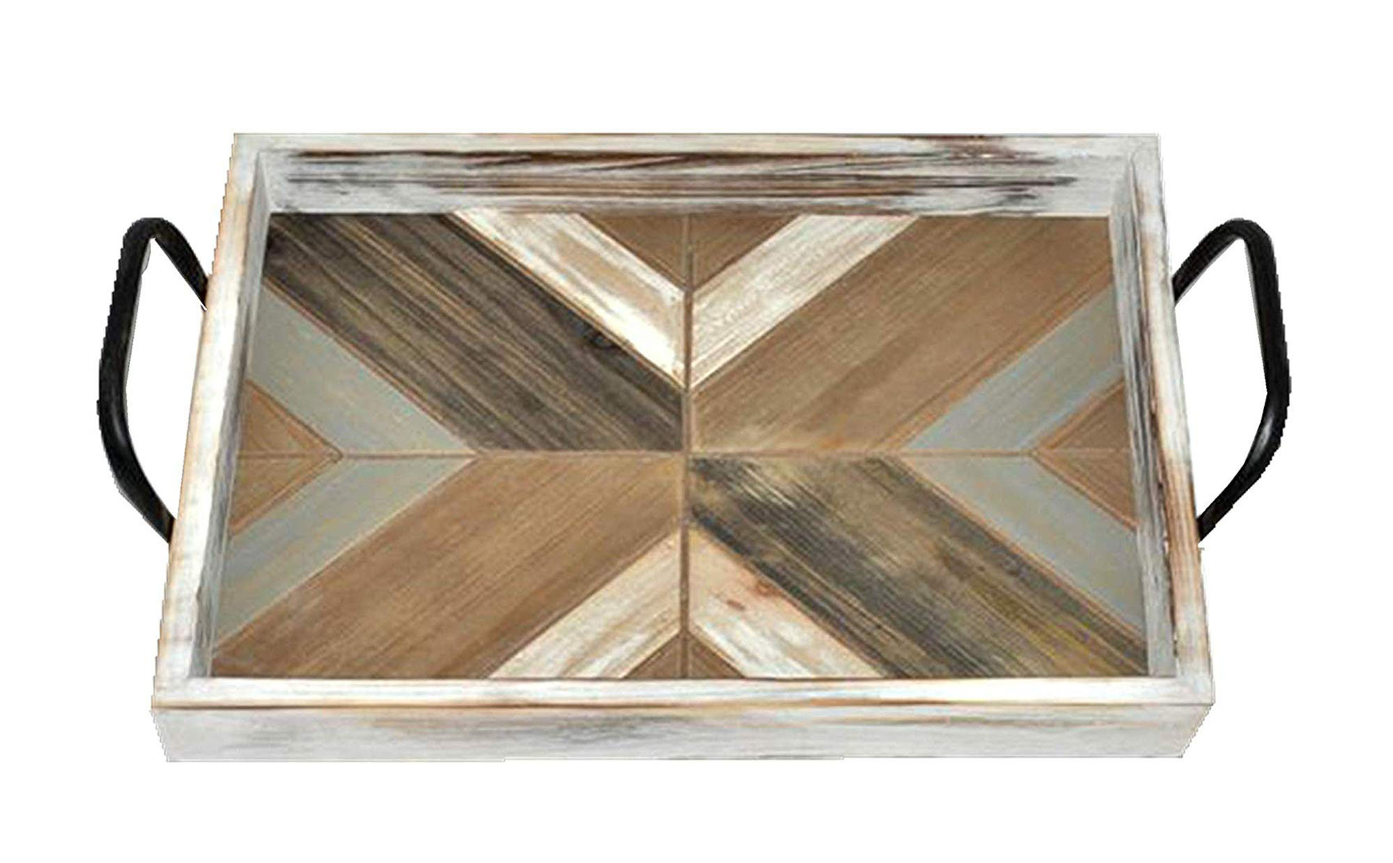 Union Rustic Chevron Rustic Wooden Serving Tray With Metal Handles ...