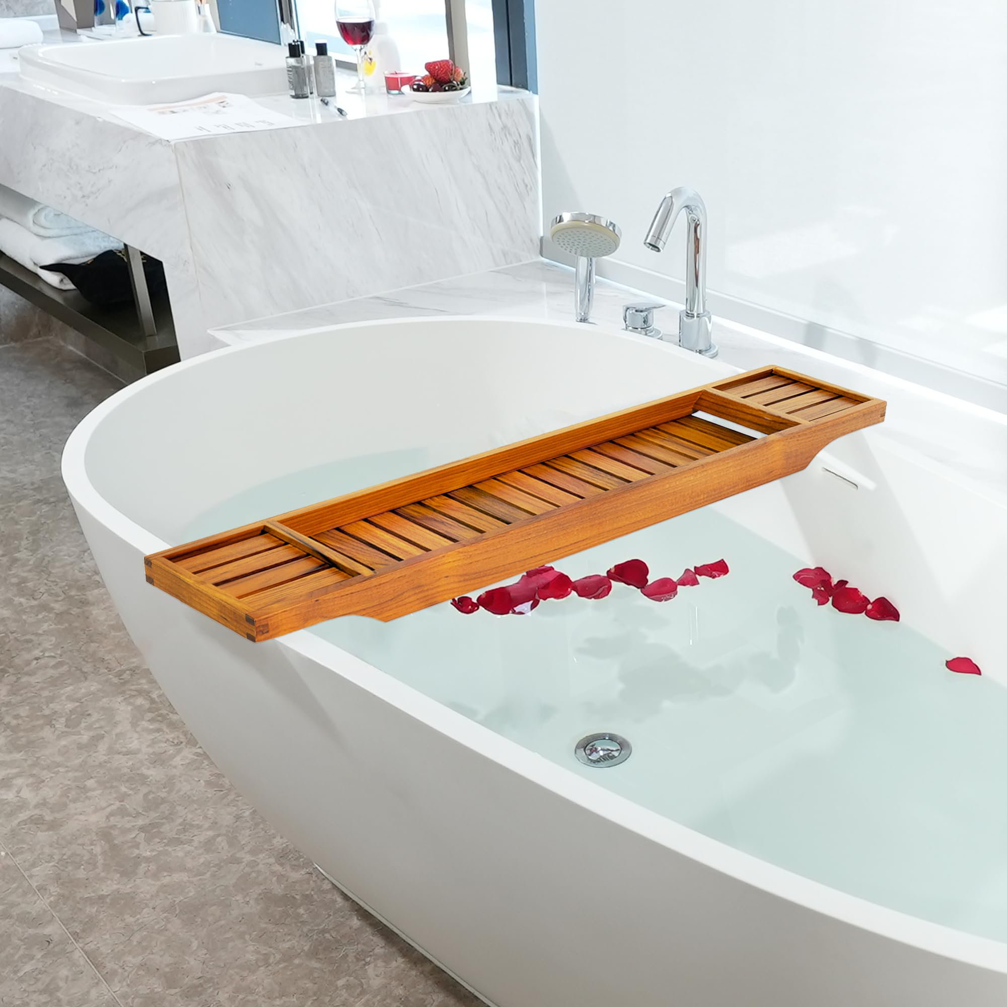 Rebrilliant Teak Bathtub Tray, Wooden Bathtub Tray For Bathtub, Wooden ...