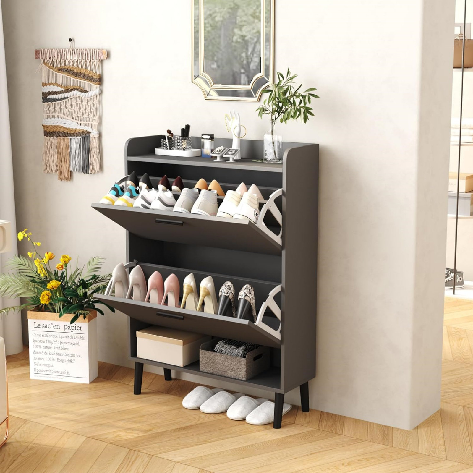 Rebrilliant Modern Entryway Shoe Cabinet with 2 Flip Out Drawers and 4 ...