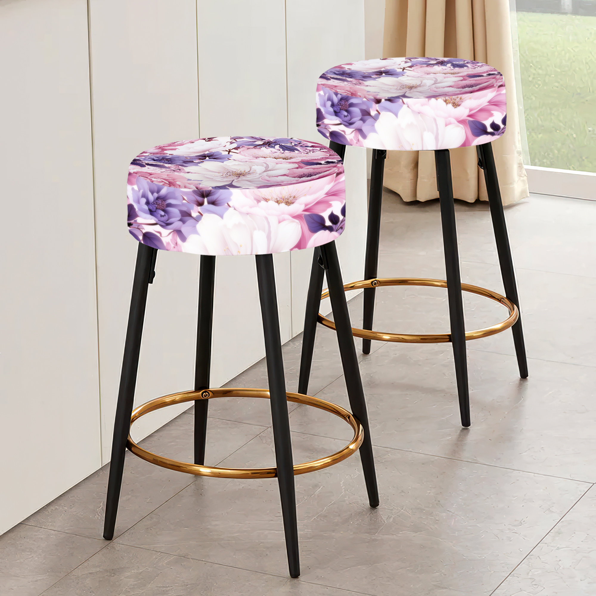 Design Art Springtime Purple Blossoms Botanical Pattern III - Floral Bar Stools Set Of 2 | Wayfair