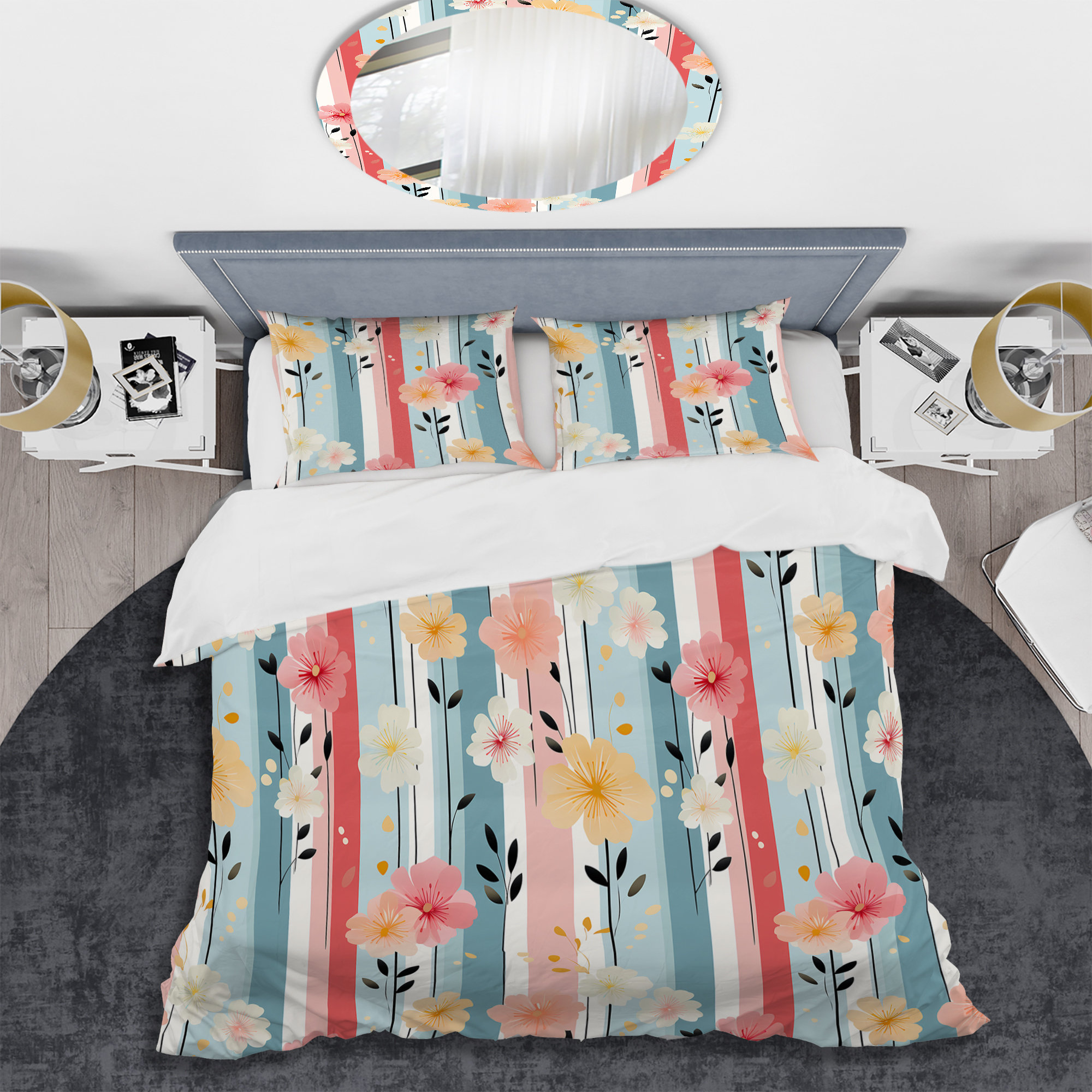 Design Art Kaceon Retro Pastel Stripes And Flowers Pattern - Floral ...