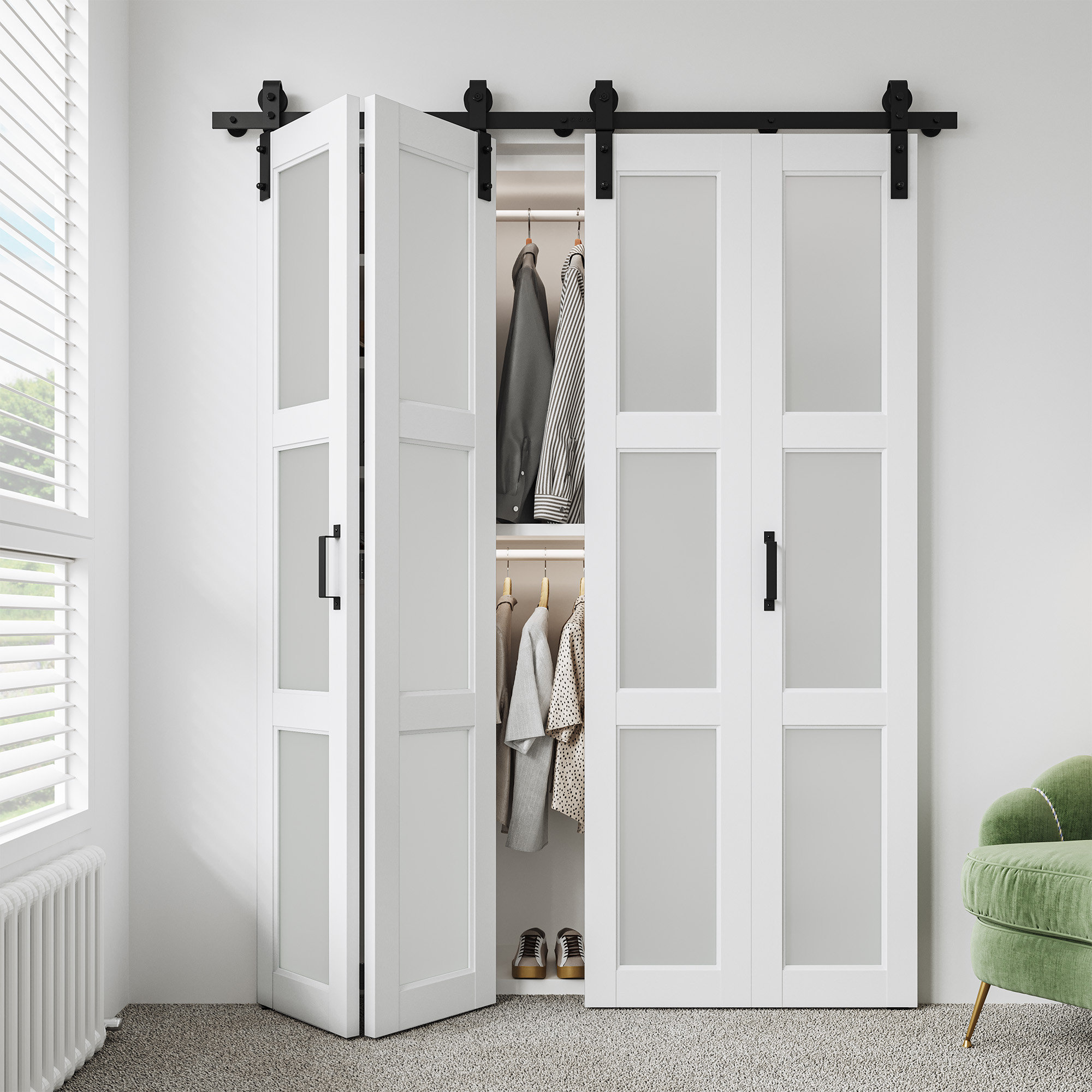 SMARTSTANDARD 3-Lite 84" Frosted Glass Bi-fold Barn Doors Double Doors ...