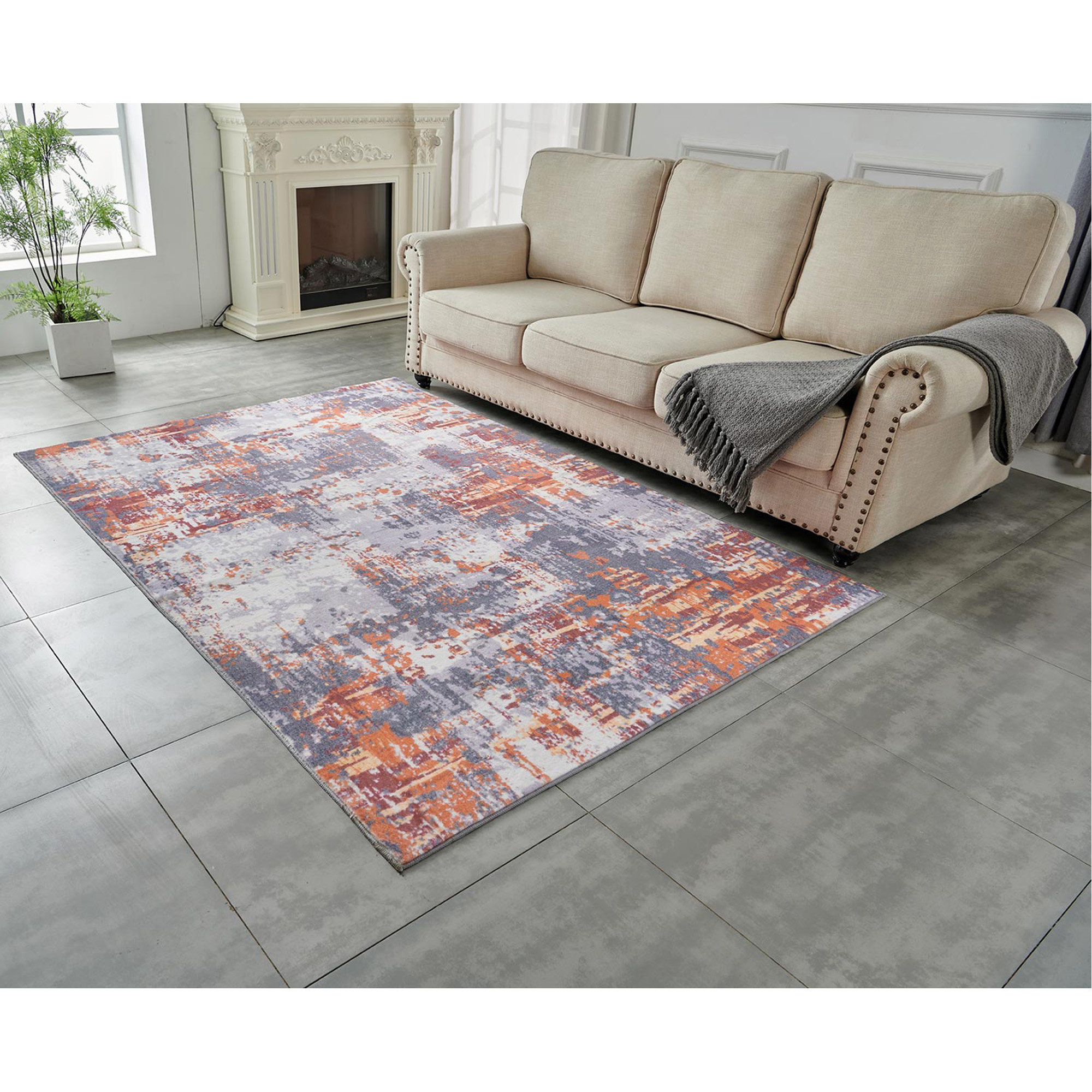 17 Stories Abstract Design Machine Washable Grey Brown And Rust Area ...