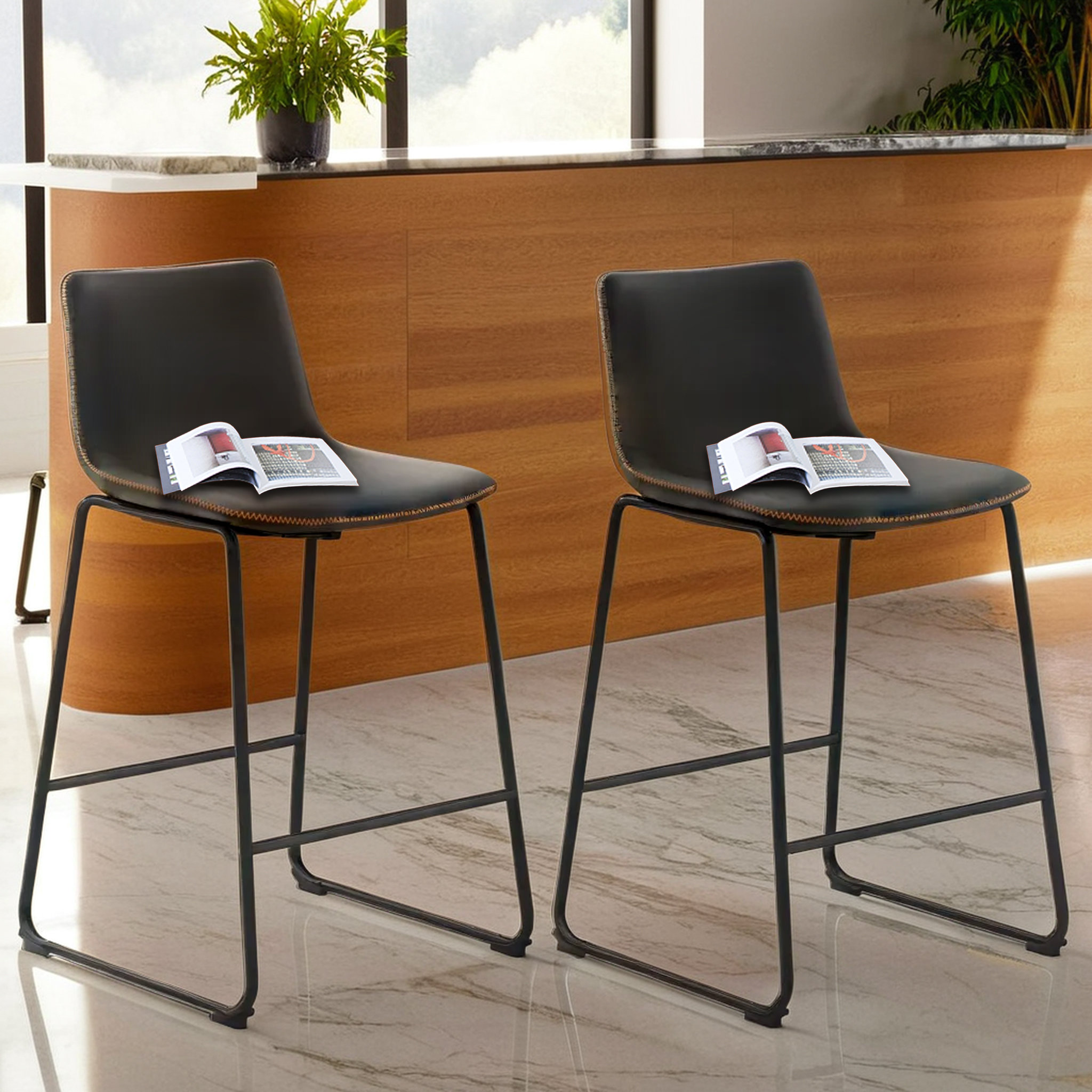 17 Stories Leather 29" Bar Stools Counter Height Island Stools (Set of ...