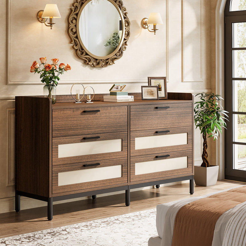 Millwood Pines 6-Drawer Dresser for Bedroom, 55" Mid-Century Rustic ...