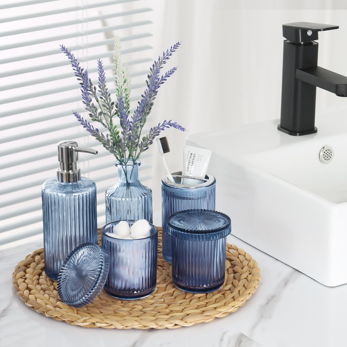 Rosecliff Heights Blue Bathroom Accessories 5 Pcs, Glass Bathroom ...