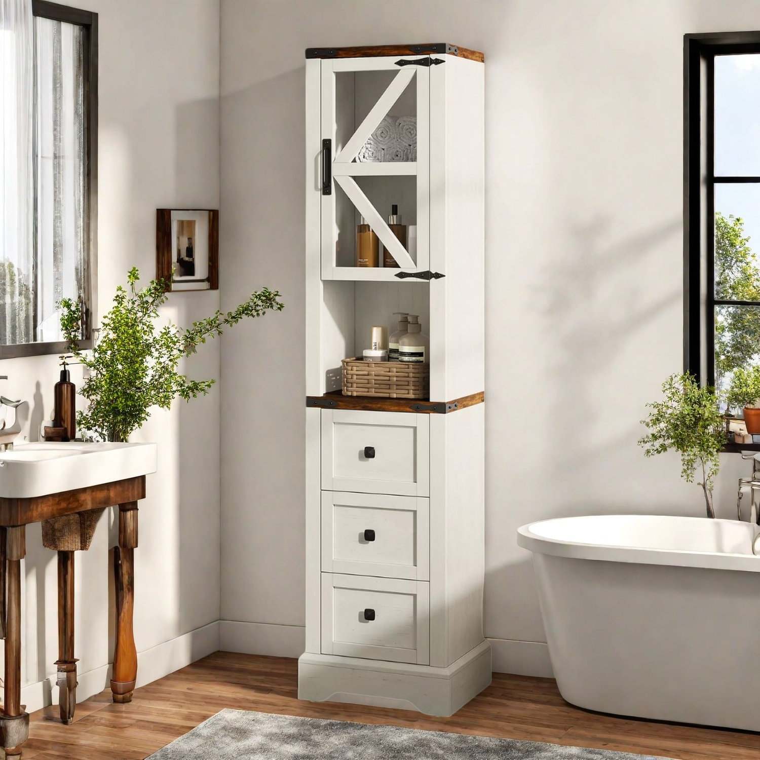 Gracie Oaks Farmhouse Rustic style Freestanding linen cabinet, 68'' H ...