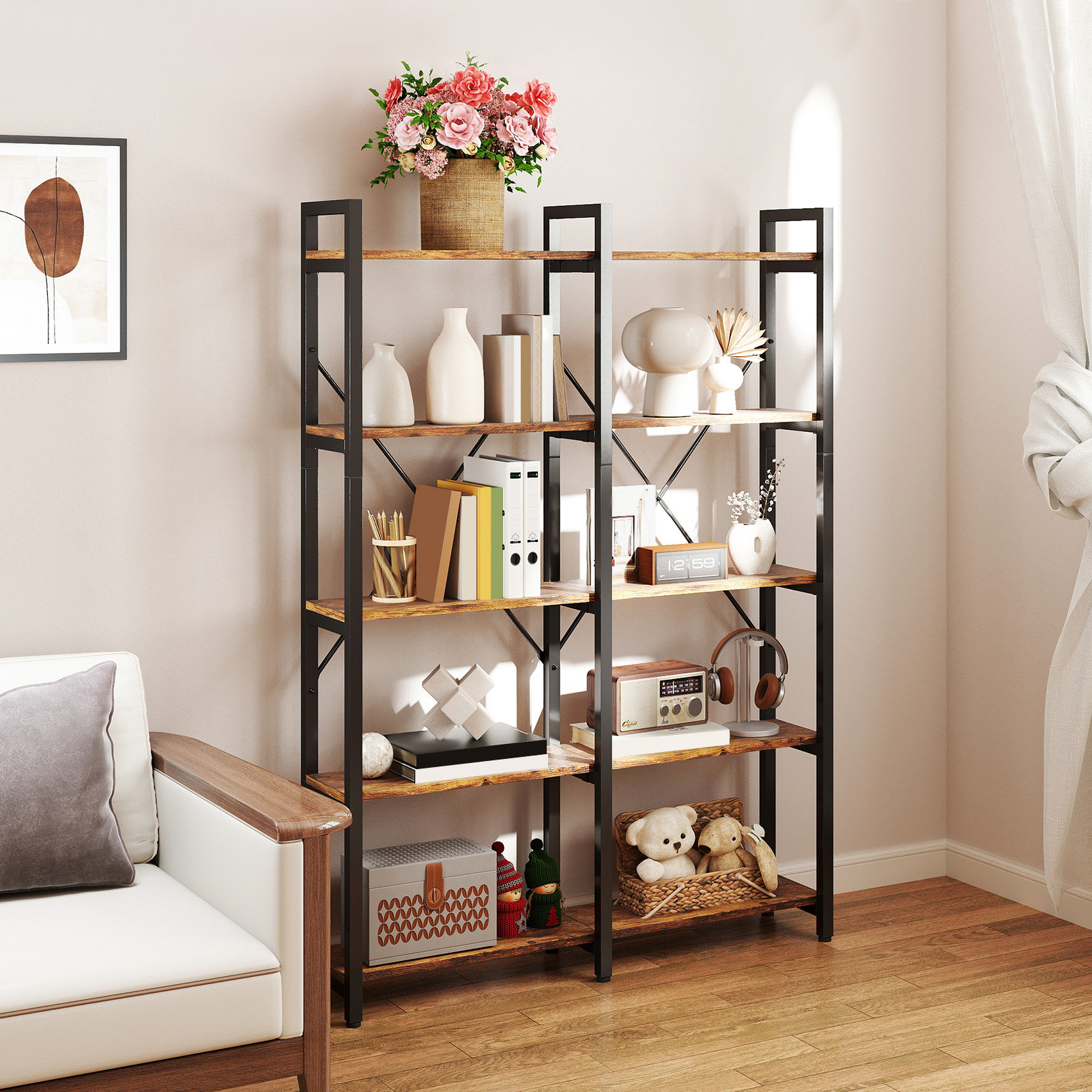 17 Stories Industrial Rustic Bookshelf With Open Shelves, Metal Frame ...