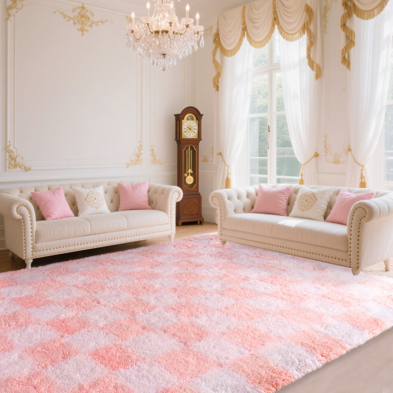 Ebern Designs Modern Checkered Fluffy Area Rug | 5x7ft White and Pink ...