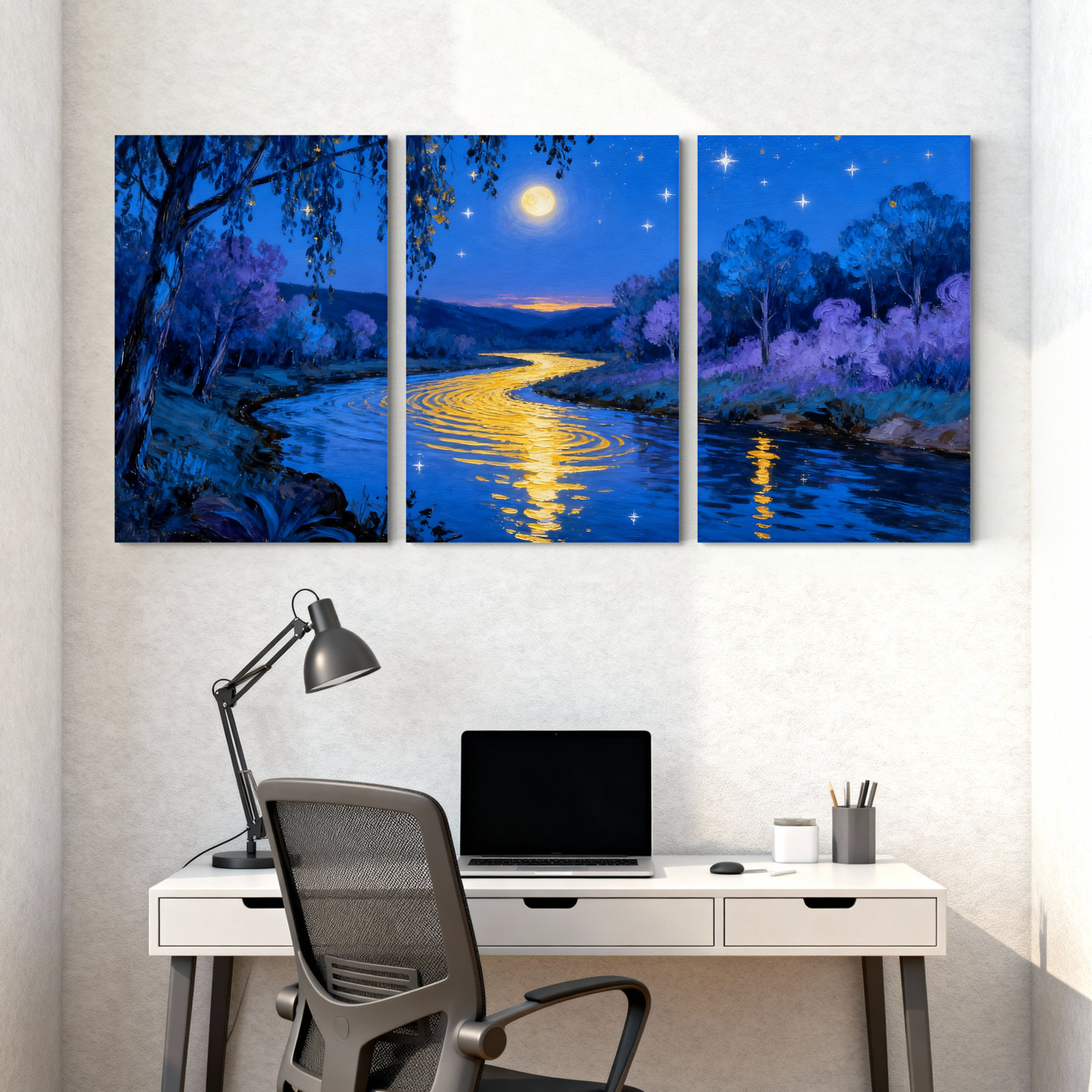 Winston Porter Abstract Moonlit River Night Landscape Canvas Art Print ...