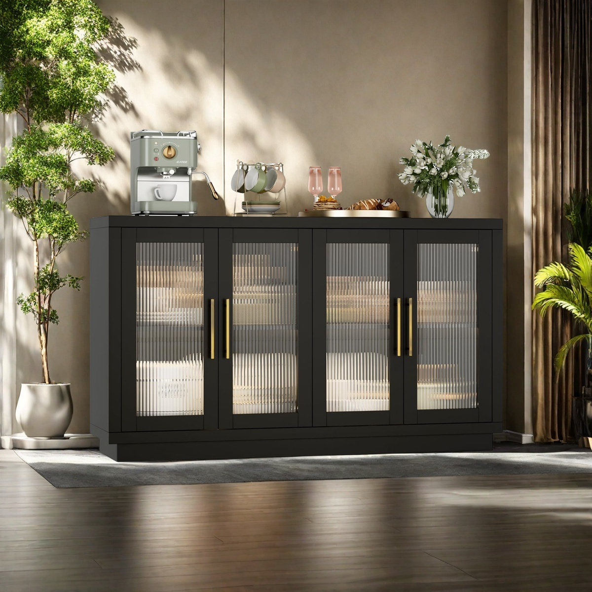 Ebern Designs Buffet Cabinet With Storage, Modern Sideboard Kitchen Cabinet With 4 Fluted Glass ...