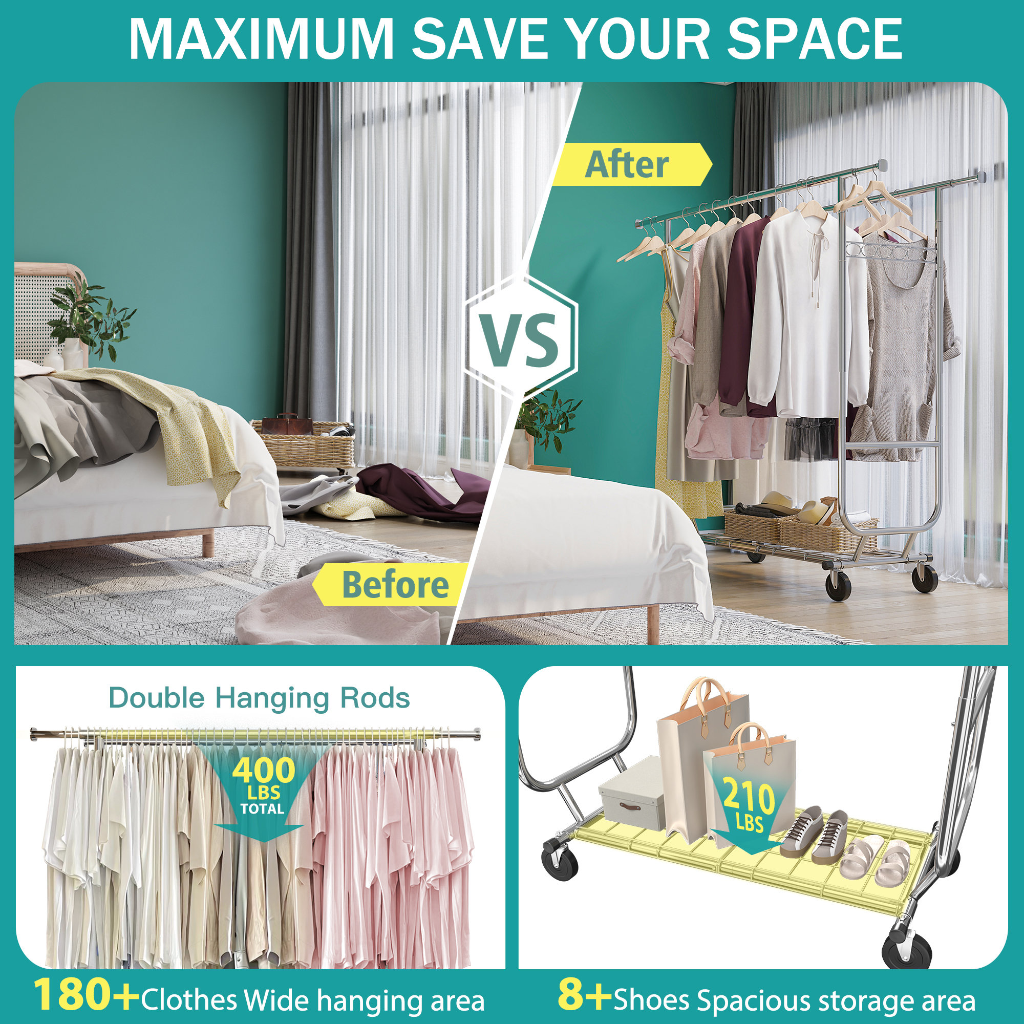 Rebrilliant Madalin 610lbs Clothing Racks Heavy Duty Clothes Rack Metal ...